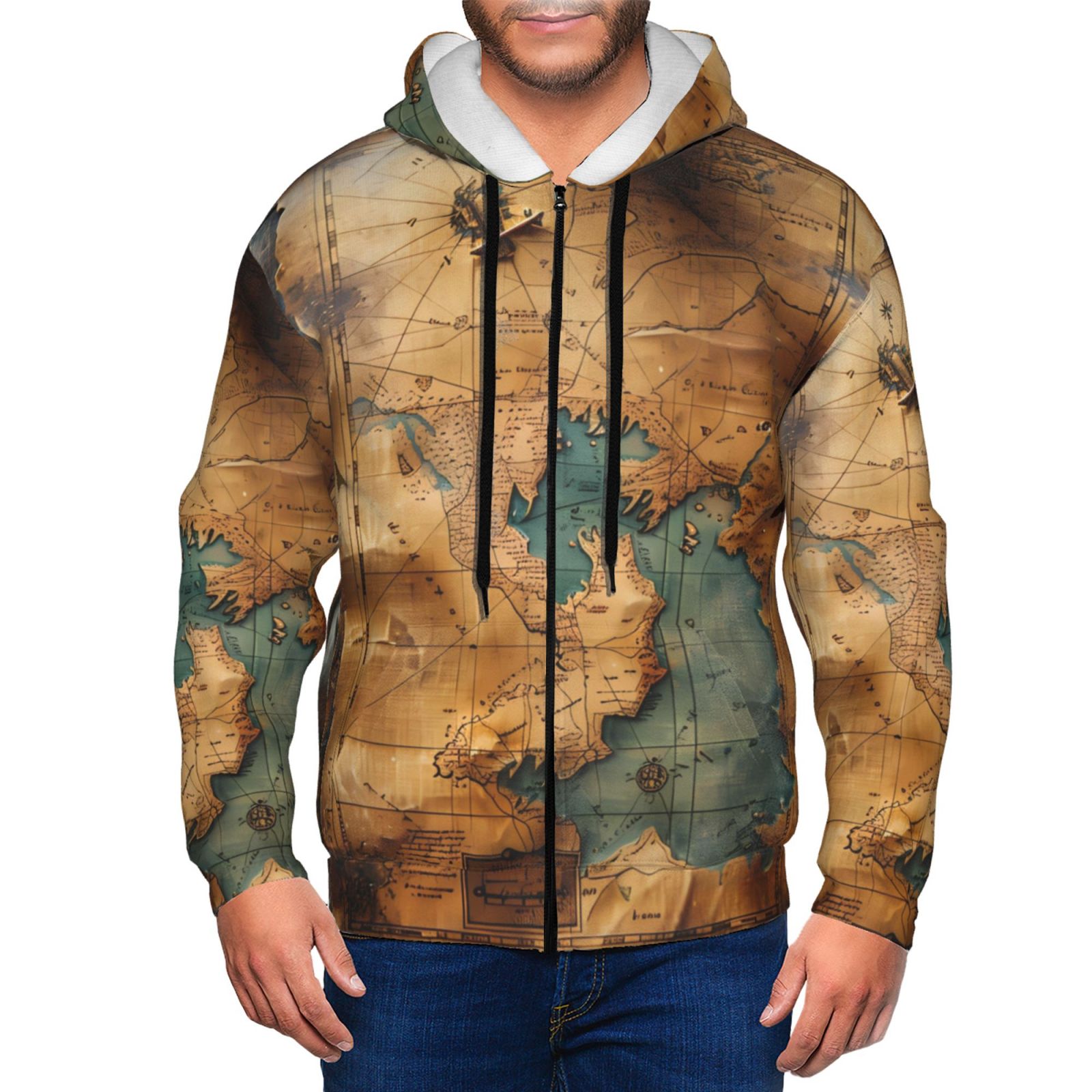 Kdxio Antique Map Adventure Scene Print Men Hoodies Casual Hoodies for ...