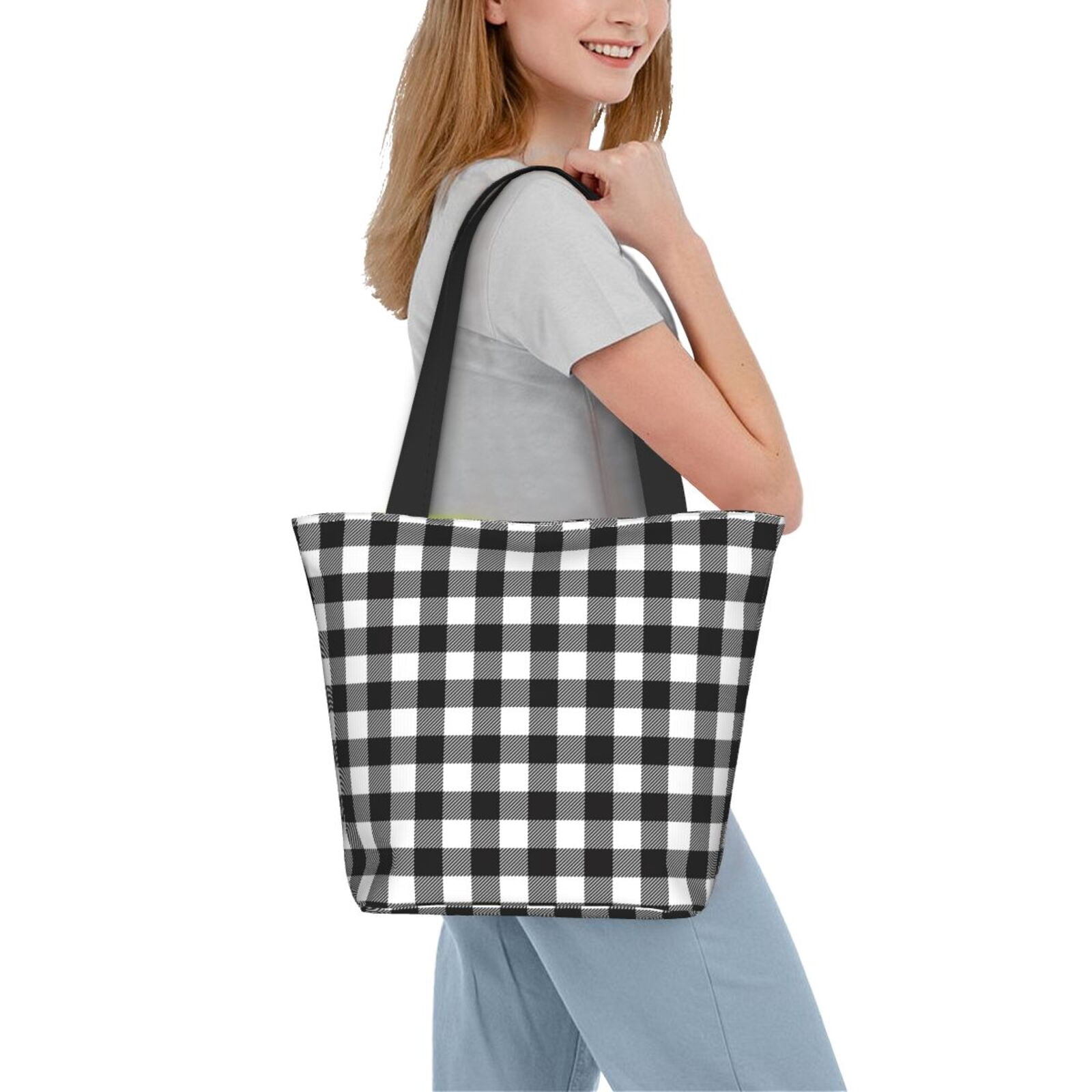 Kdxio Black White Plaid Women Reusable Grocery Bags Foldable Ripstop ...