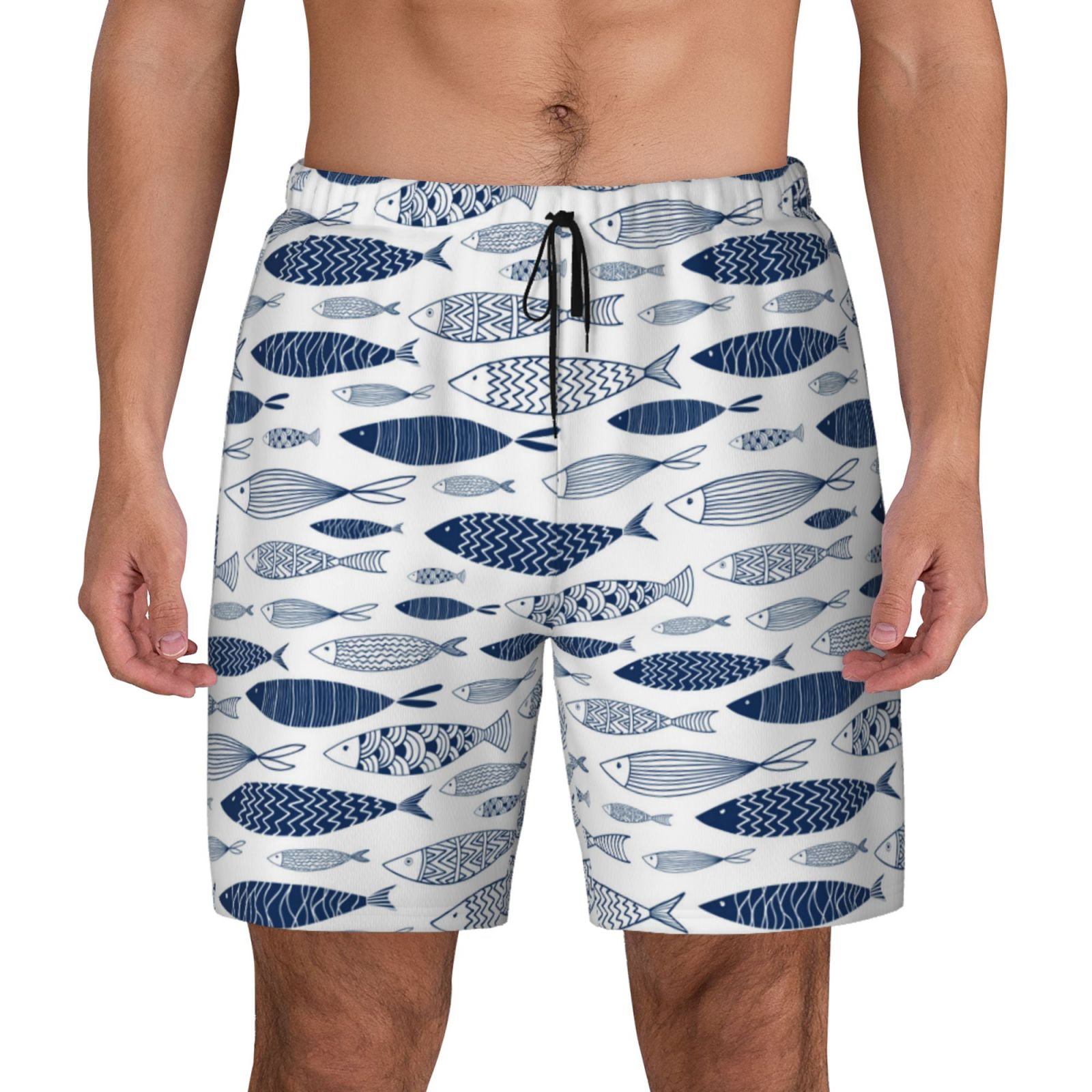 Kdxio Blue Fish Print Men's Swim Trunks with Compression Liner 7 Inch ...