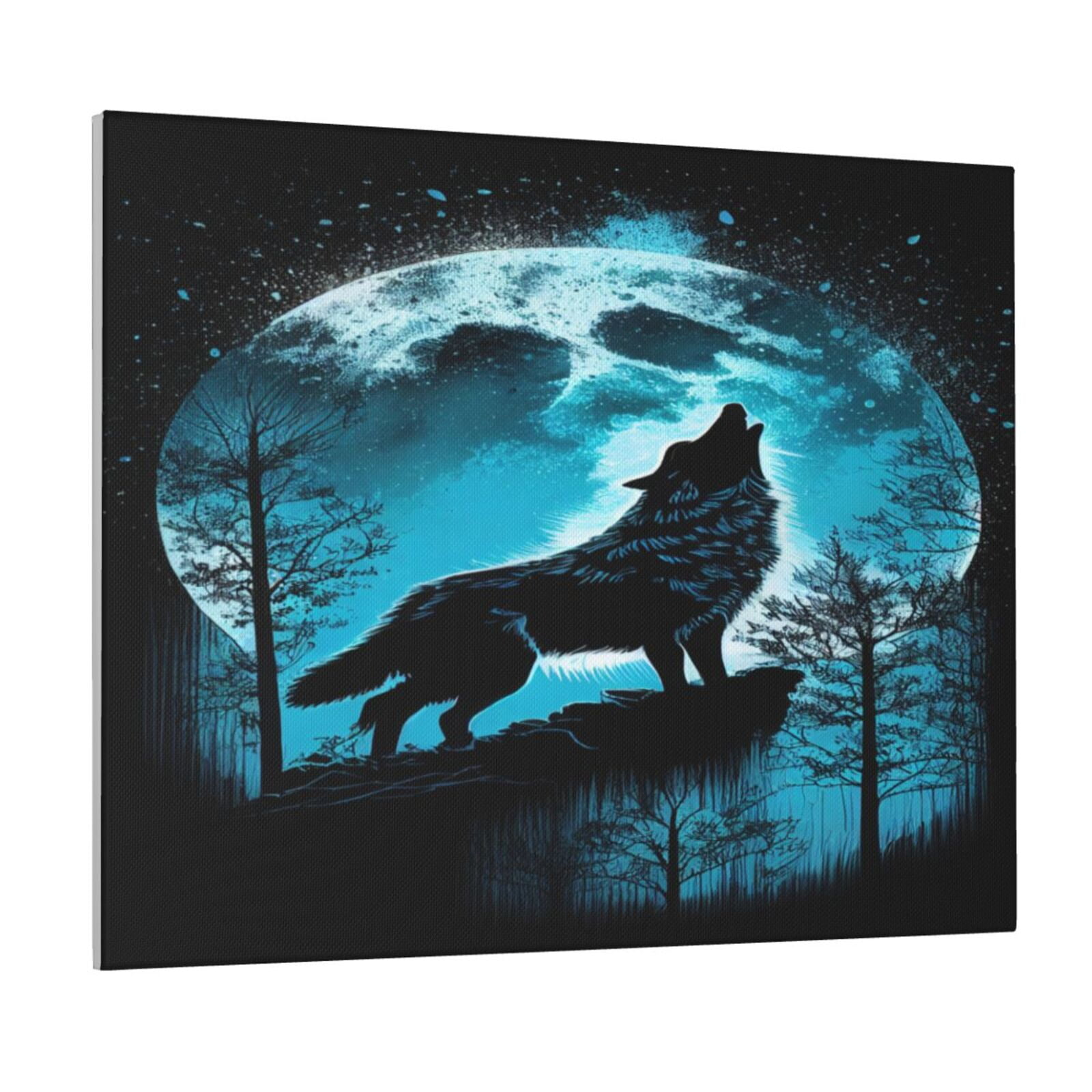 Kdxio Blue Full Moon Wolf Pattern Canvas Wall Art for Living Room Wall ...
