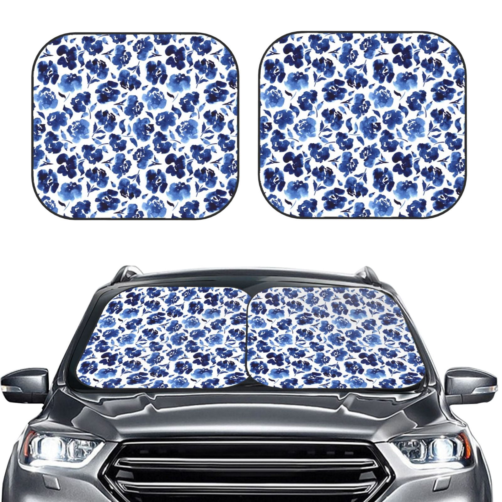 Kdxio Blue Roses Print 2-Piece Sun Shade Front Windshield - Foldable ...
