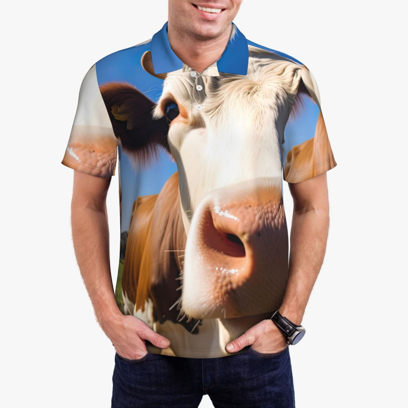 Kdxio Blue Sky Meadow Cute Cow Print Men's Short Sleeve Polo Shirt ...