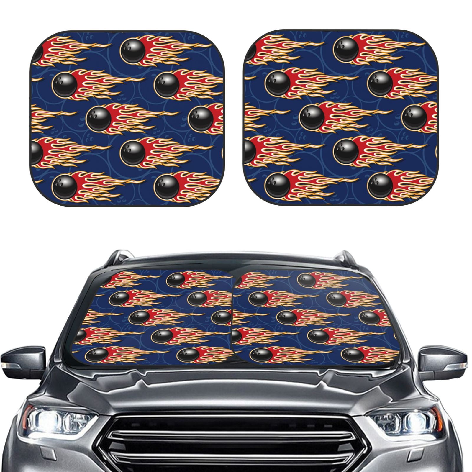 Kdxio Bowling Ball And Flame Print 2-Piece Sun Shade Front Windshield ...