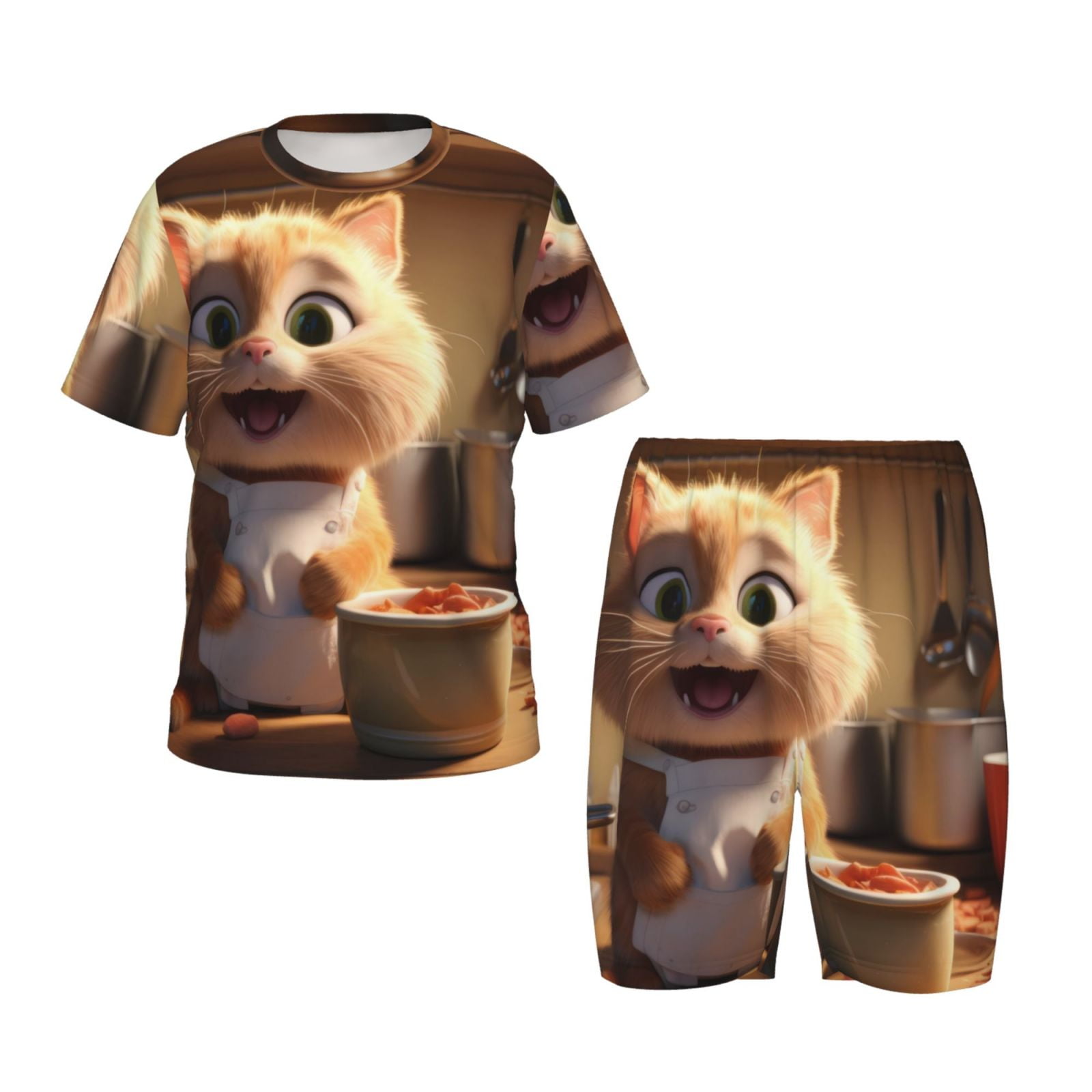 Kdxio Cartoon Cooking Cat Pattern Short-Sleeved Summer Pajama Set for ...