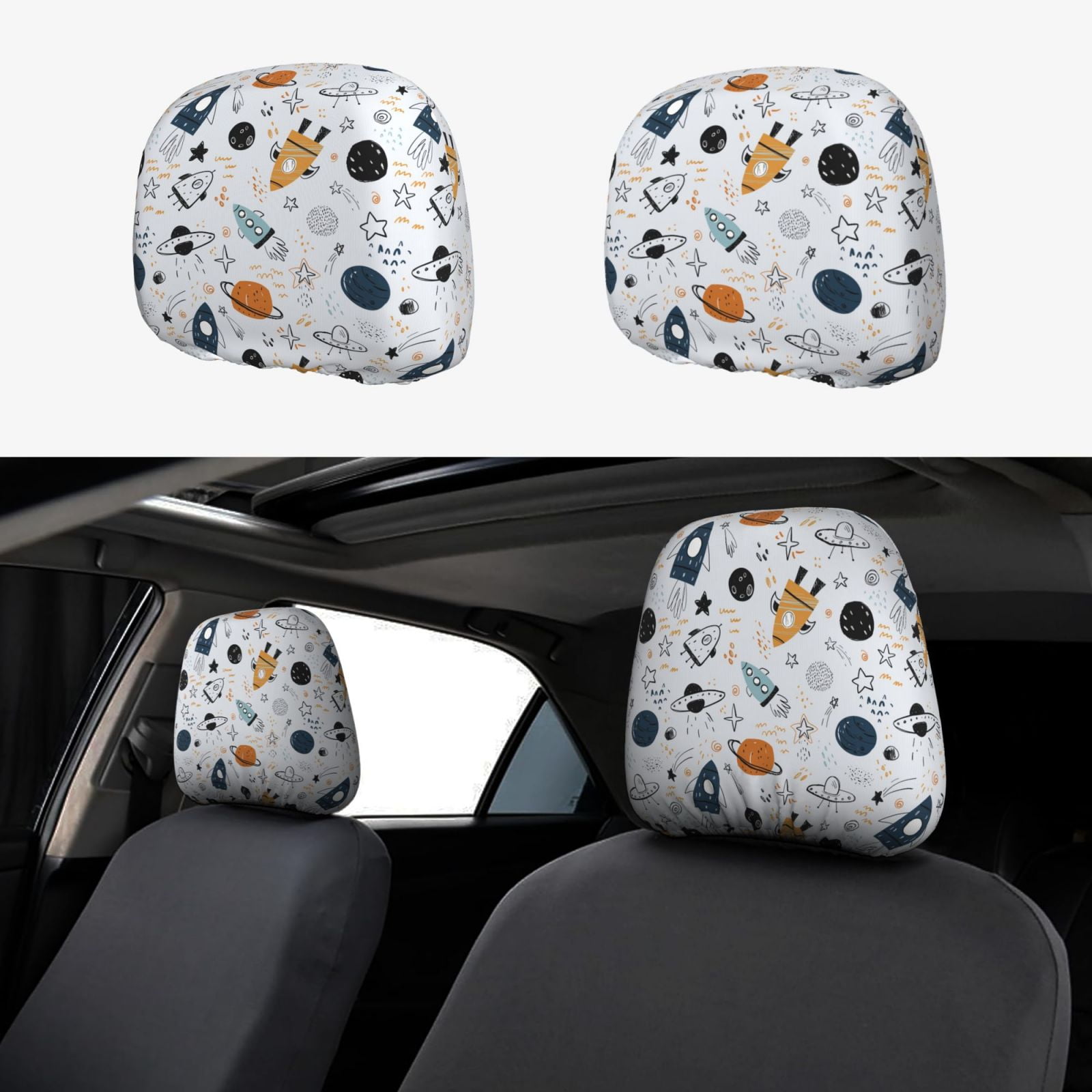 Kdxio Cartoon Planets Pattern Print 2 Piece Car Head Rest Covers Set ...