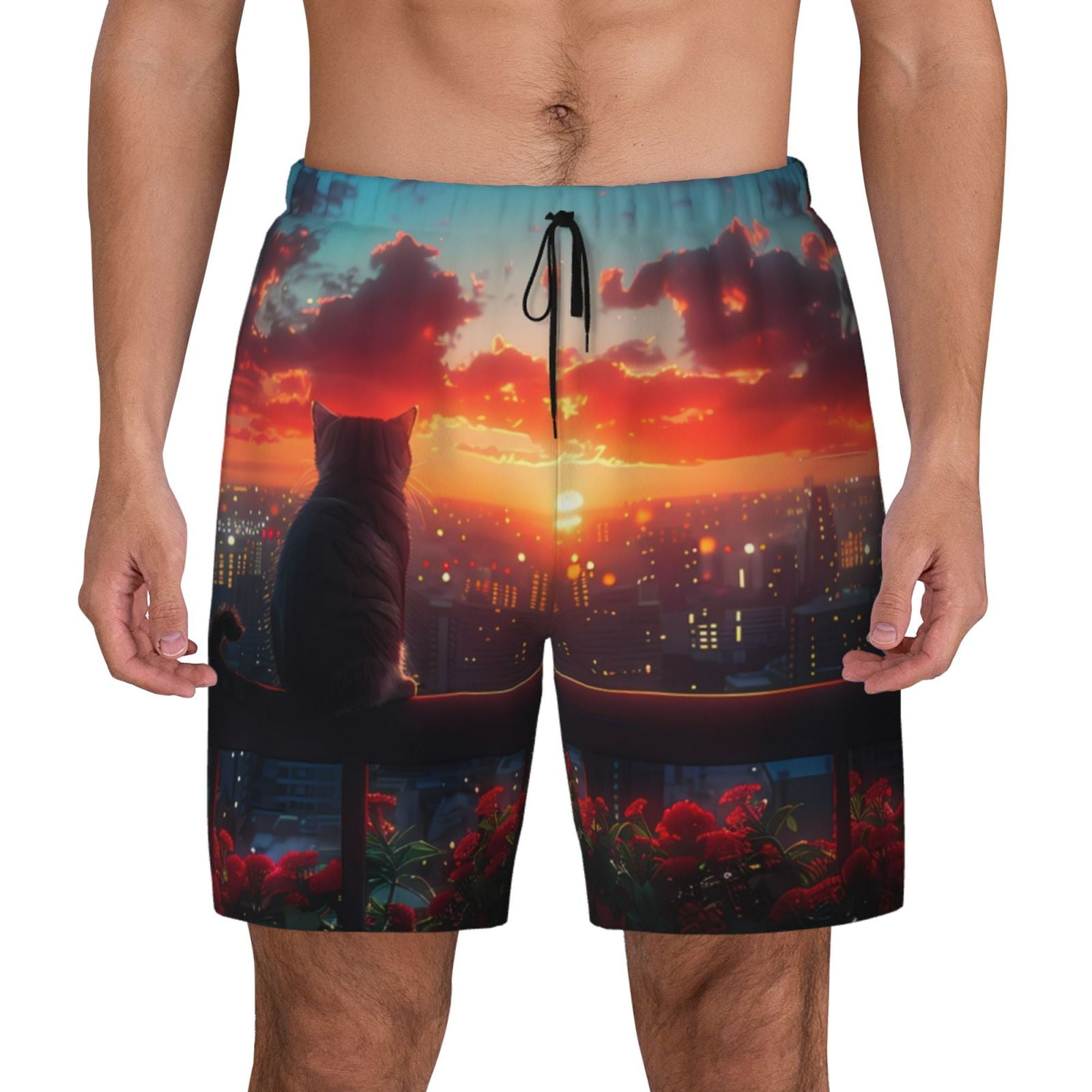 Kdxio Cat Watching City Sunset Print Men's Swim Trunks with Compression ...