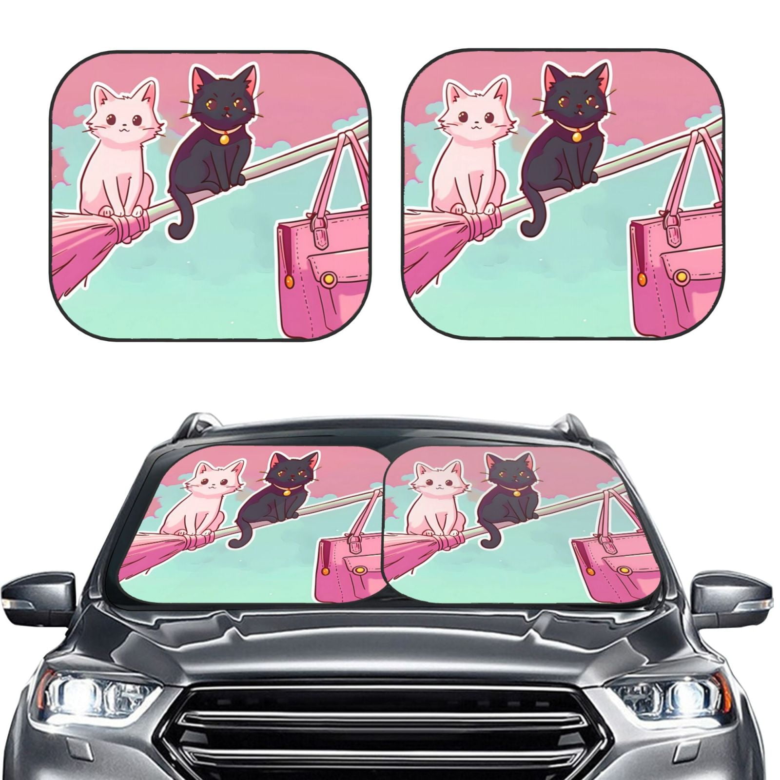 Kdxio Cats On Broomstick Print 2-Piece Sun Shade Front Windshield ...
