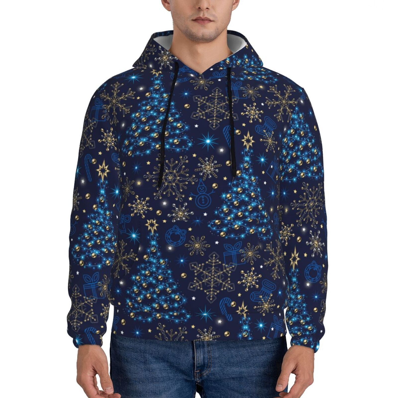Kdxio Christmas Tree Print Mens Casual Hooded Collar Drawstring Hoodies ...