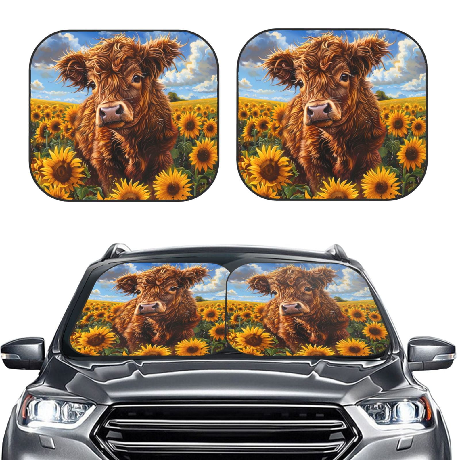 Kdxio Cloud Sky Sunflower Cow Print 2-Piece Sun Shade Front Windshield ...