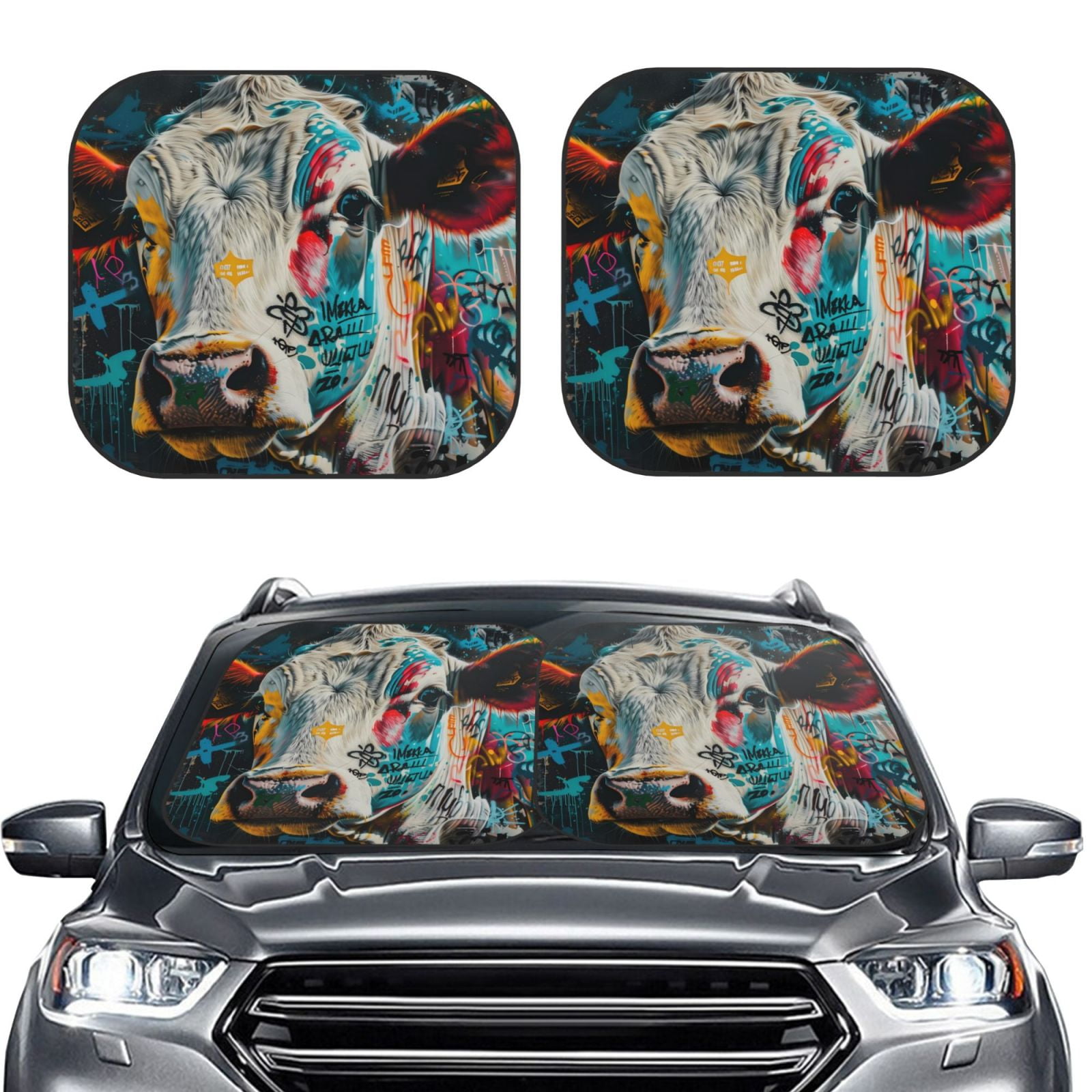 Kdxio Colorful Graffiti Cow Print 2-Piece Sun Shade Front Windshield ...