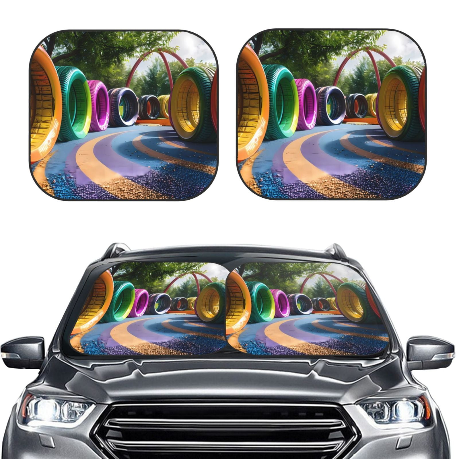 Kdxio Colorful Tire Tunnel Park Print 2-Piece Sun Shade Front ...