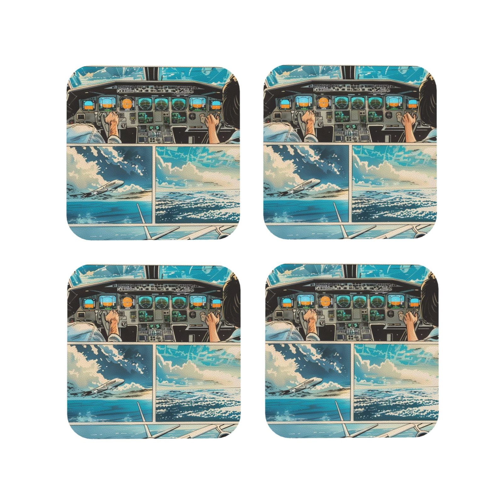 Kdxio Comic Airplane Cockpit Illustration Funny Coasters,4 Pcs Leather ...