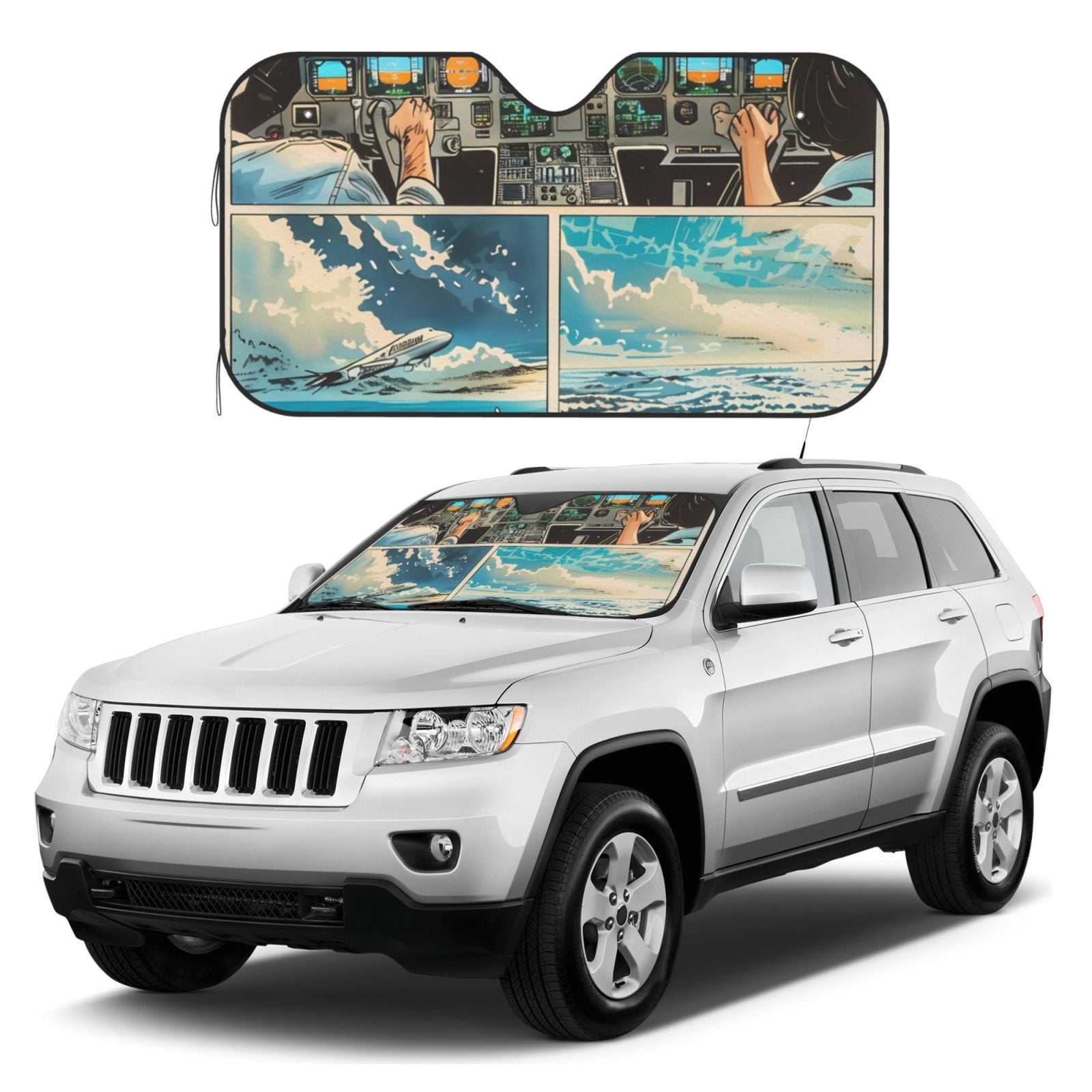 Kdxio Comic Airplane Cockpit Illustration Print Windshield Sun Shade ...