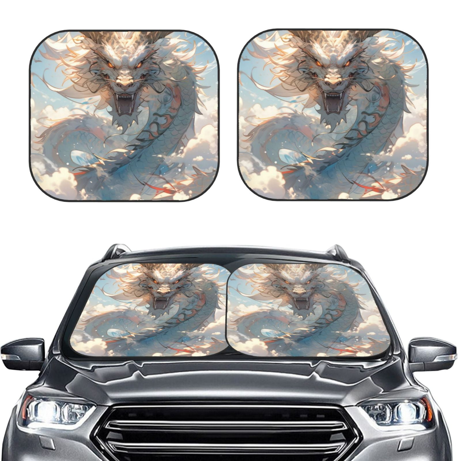 Kdxio Cool Cloud White Dragon Print 2-Piece Sun Shade Front Windshield ...