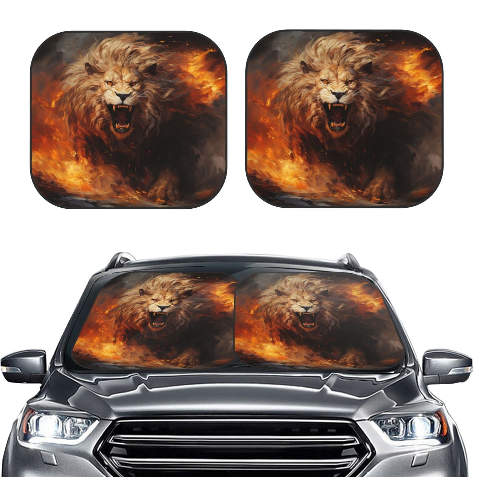Kdxio Cool Fire Lion Print 2-Piece Sun Shade Front Windshield ...