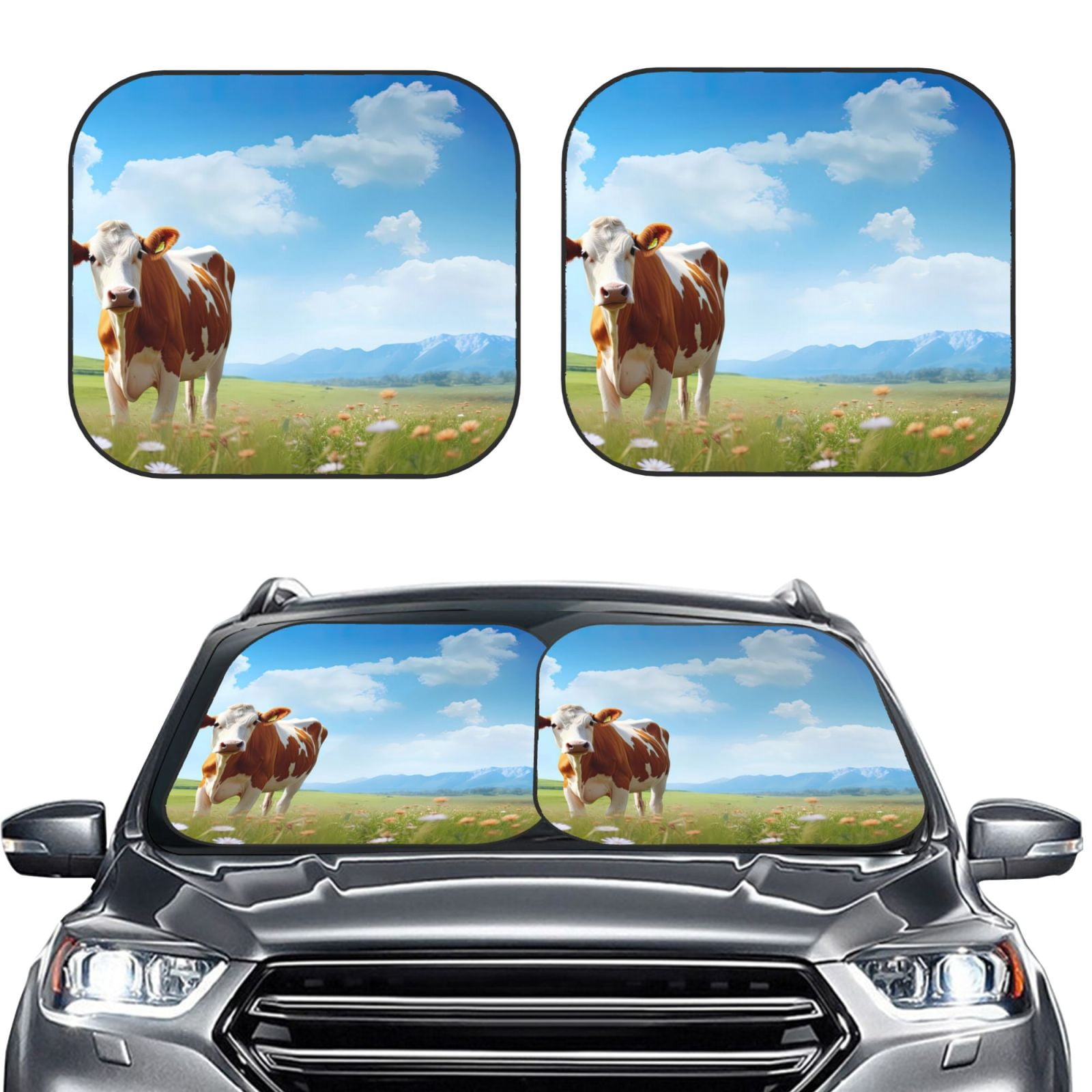 Kdxio Cow Grazing Nature Print 2-Piece Sun Shade Front Windshield ...