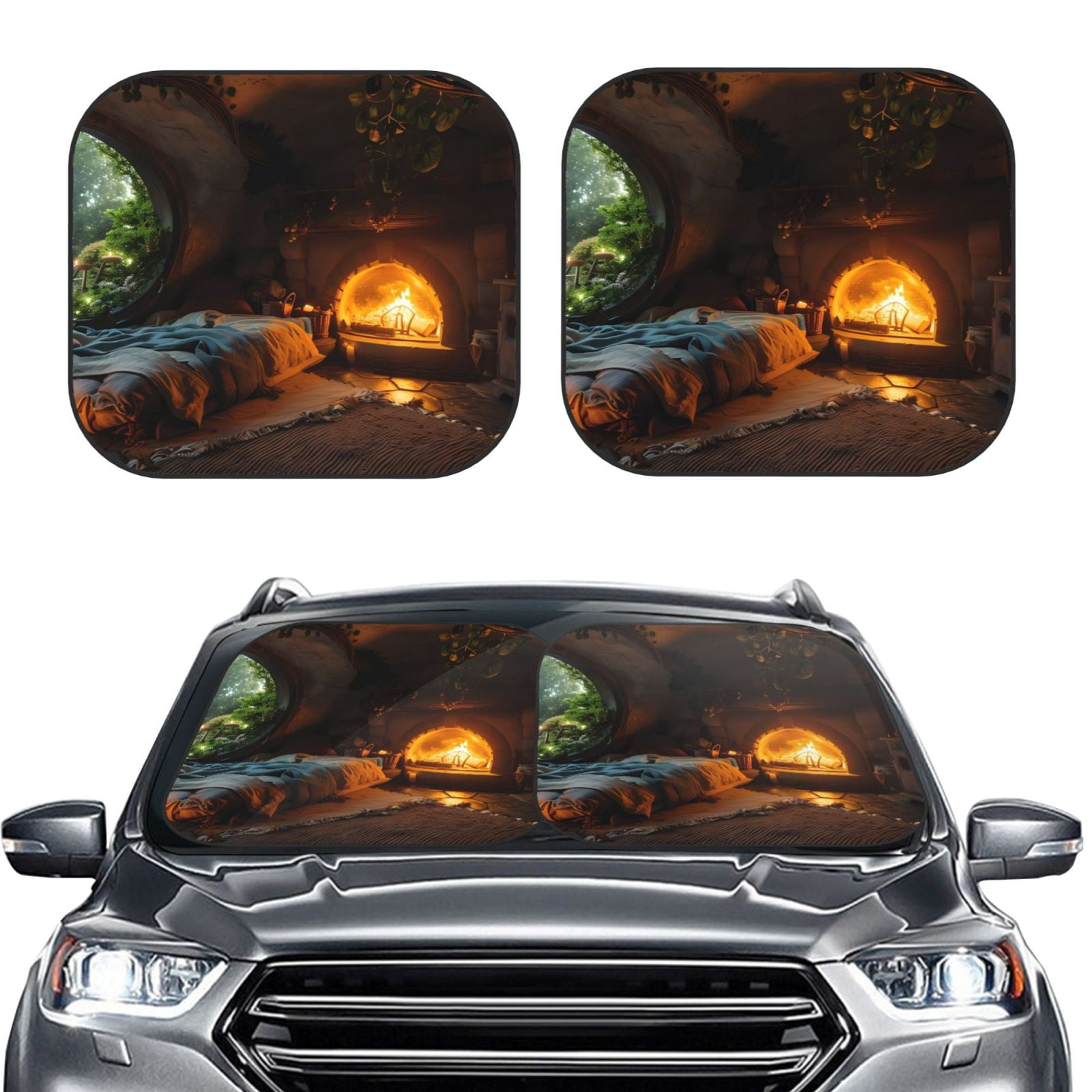 Kdxio Cozy Tree Hole Cabin Print 2-Piece Sun Shade Front Windshield ...
