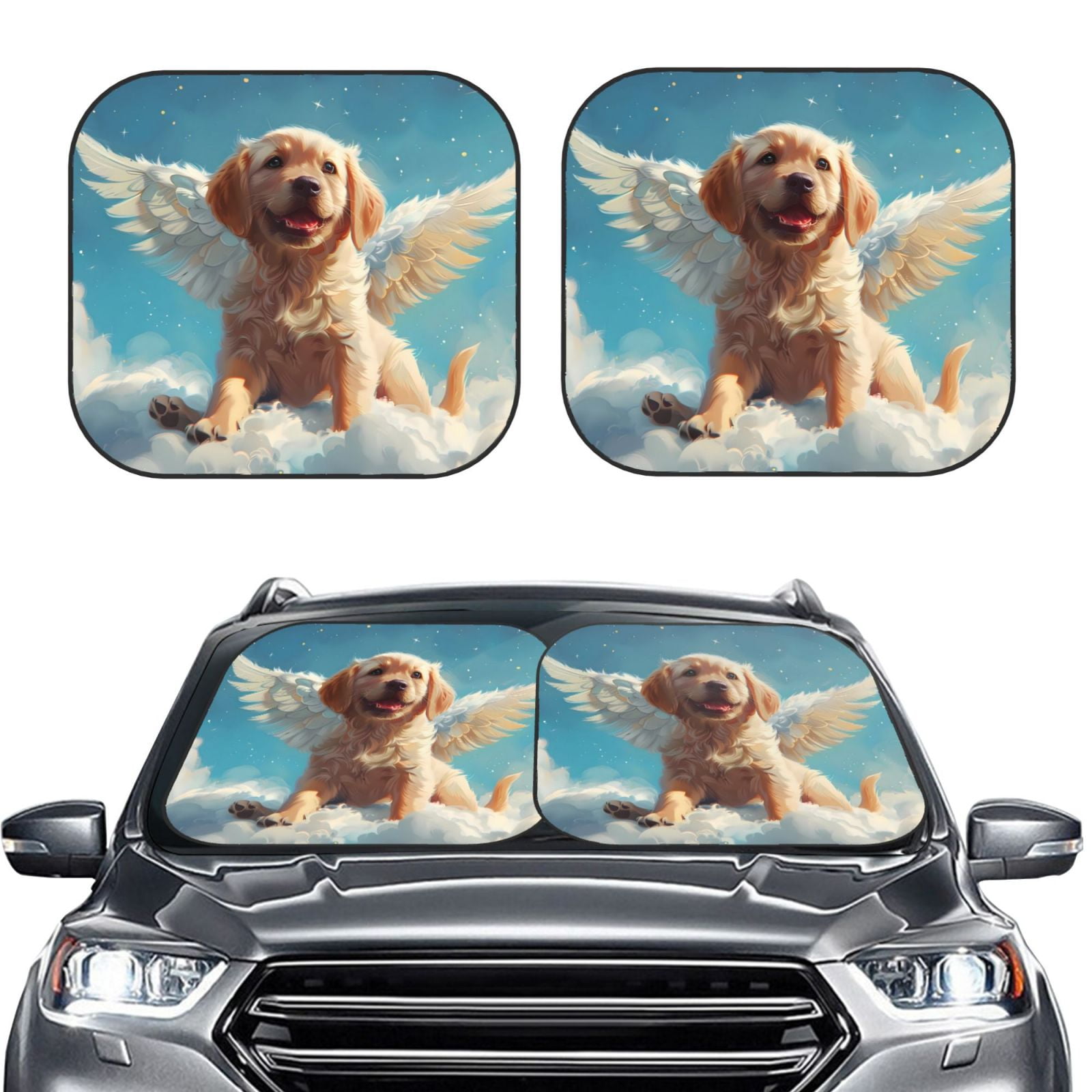 Kdxio Cute Angel Winged Dog Print 2-Piece Sun Shade Front Windshield ...