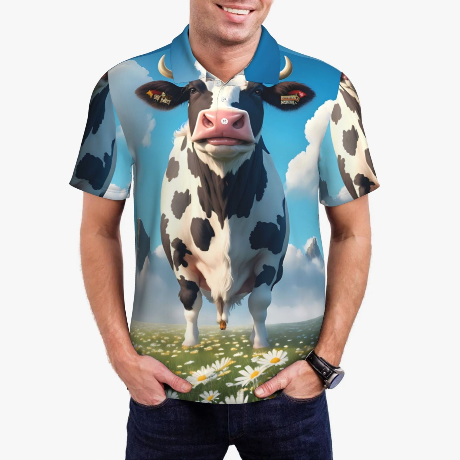 Kdxio Cute Daisy Cow A Print Men's Short Sleeve Polo Shirt,Midweight ...