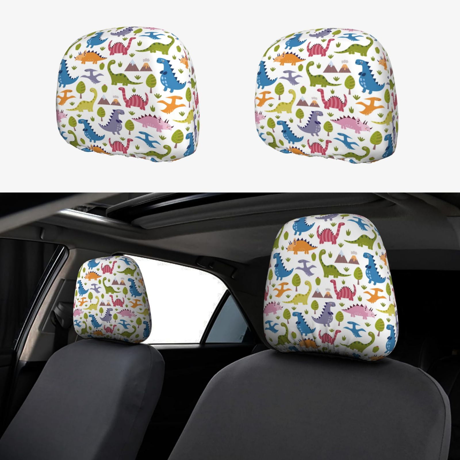 Kdxio Cute Dinosaur Pattern Print 2 Piece Car Head Rest Covers Set Auto ...