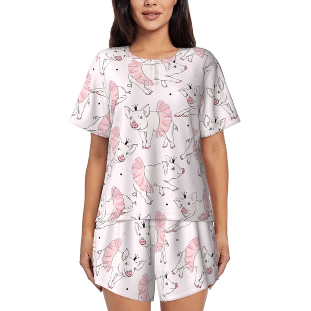 Kdxio Cute Piggy Ballerina Print Pajamas Sets for Women Short-Sleeved ...