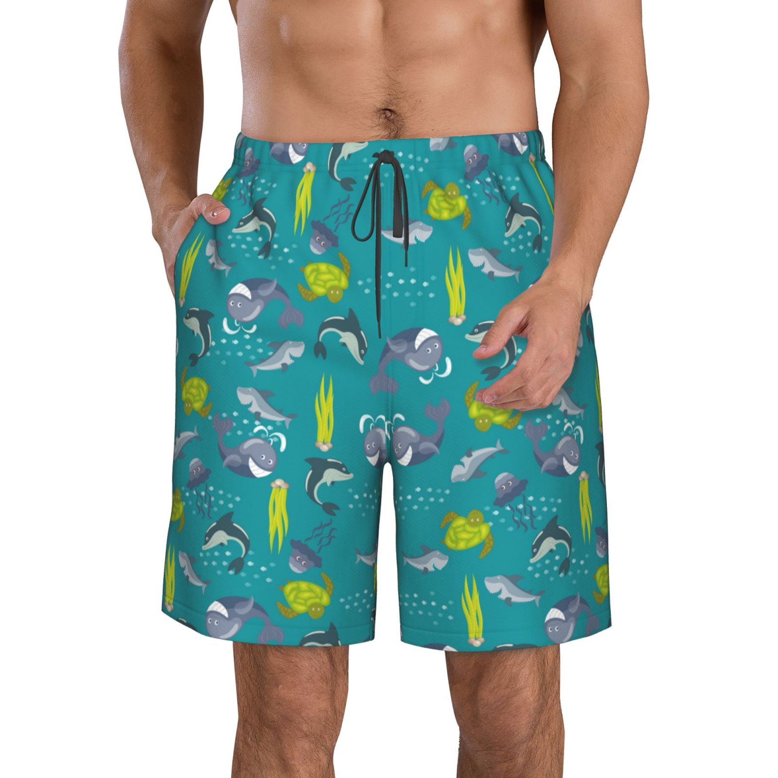 Kdxio Cute Shark Turtle Pattern Mens Casual Shorts - Drawstring Summer ...