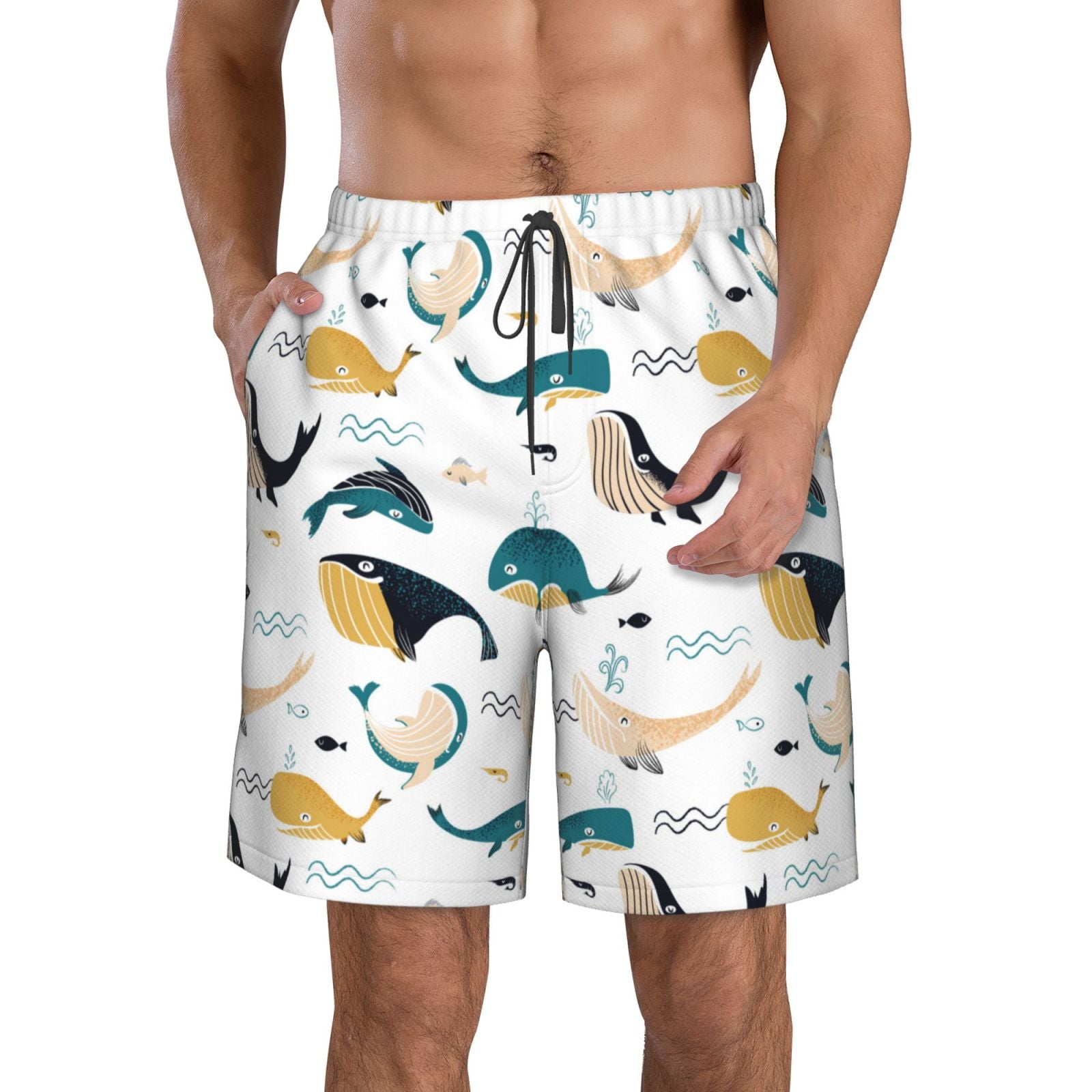Kdxio Cute Whale Pattern Mens Casual Shorts - Drawstring Summer Beach ...