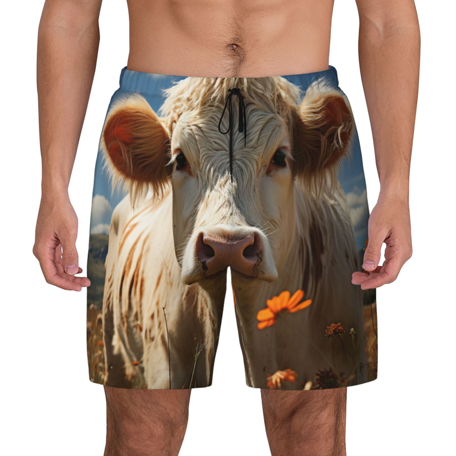 Kdxio Daisy Meadow Cow Print Men's Swim Trunks with Compression Liner 7 ...