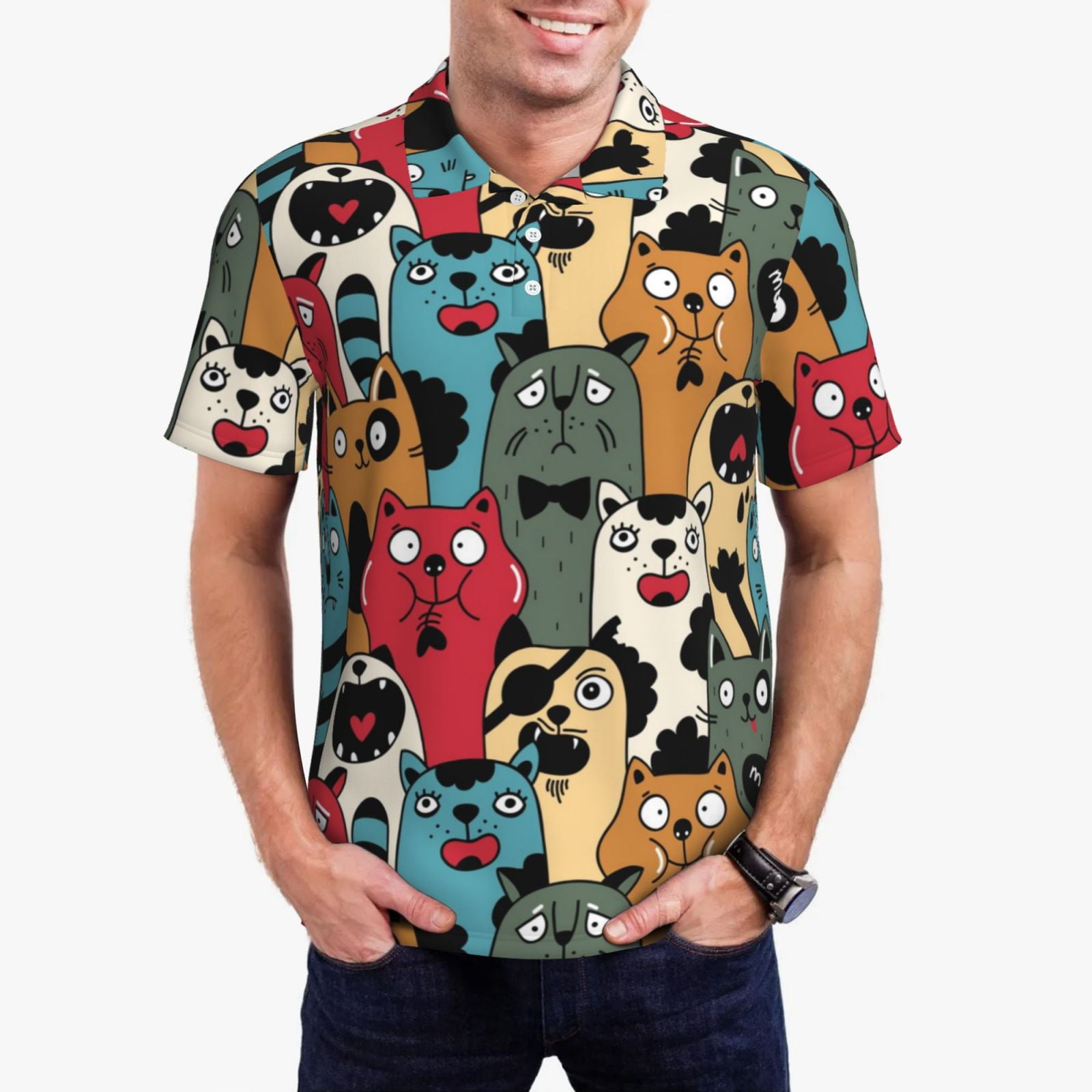 Kdxio Different Cats 1 Print Men's Short Sleeve Polo Shirt,Midweight ...