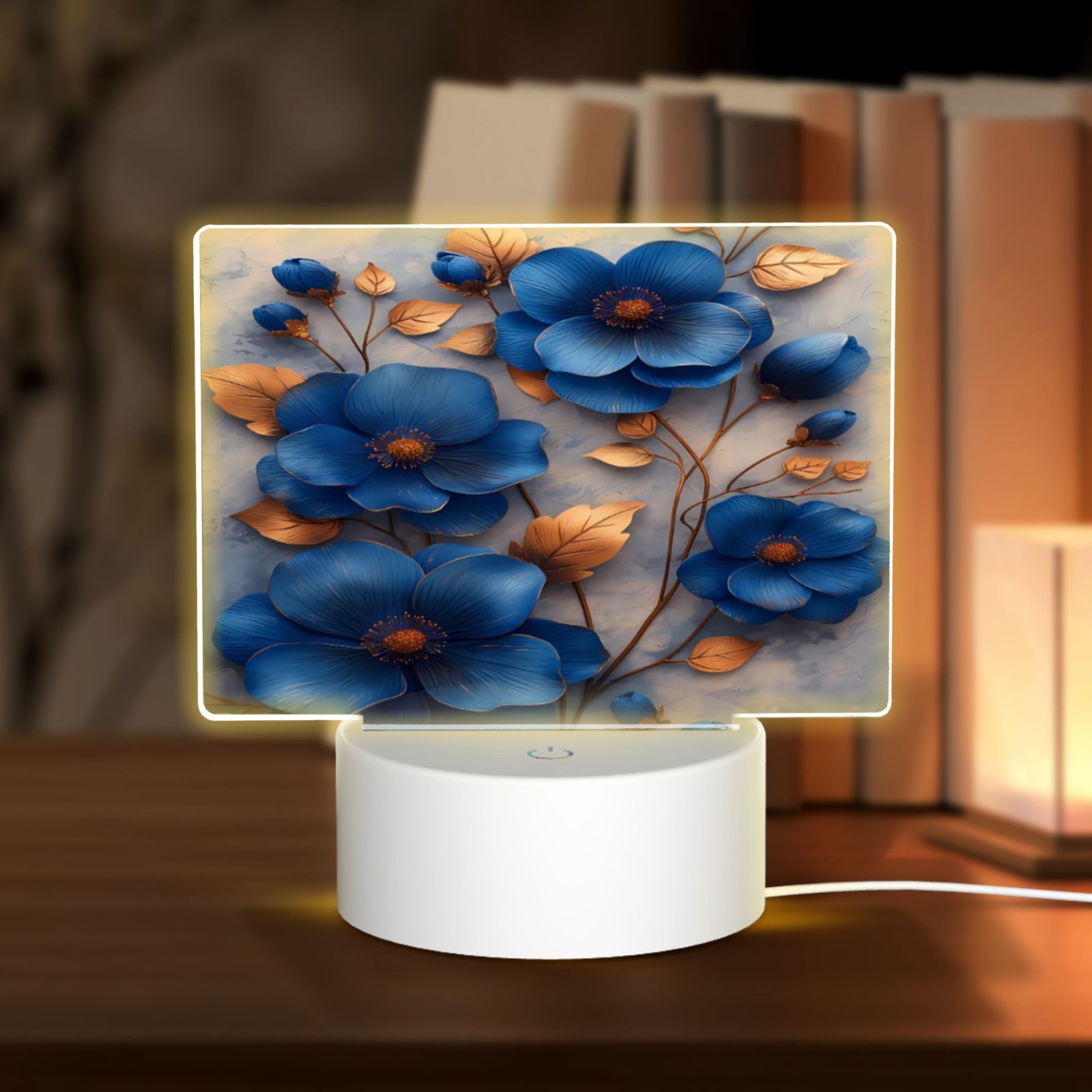 Kdxio Elegant Blue Gold Blooms Rectangular Acrylic Night Light Acrylic ...