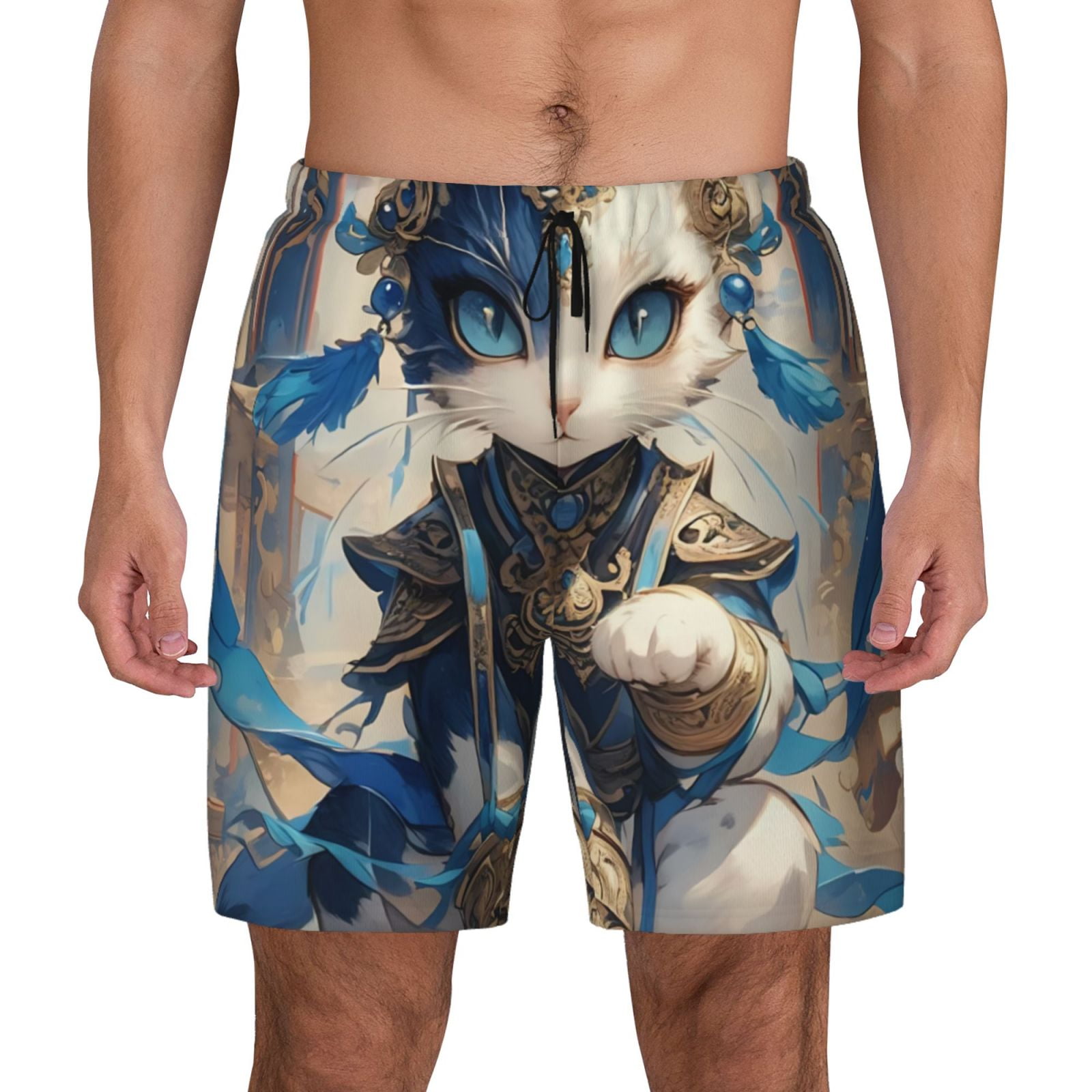 Kdxio Exotic Blue Cat Print Men's Swim Trunks with Compression Liner 7 ...