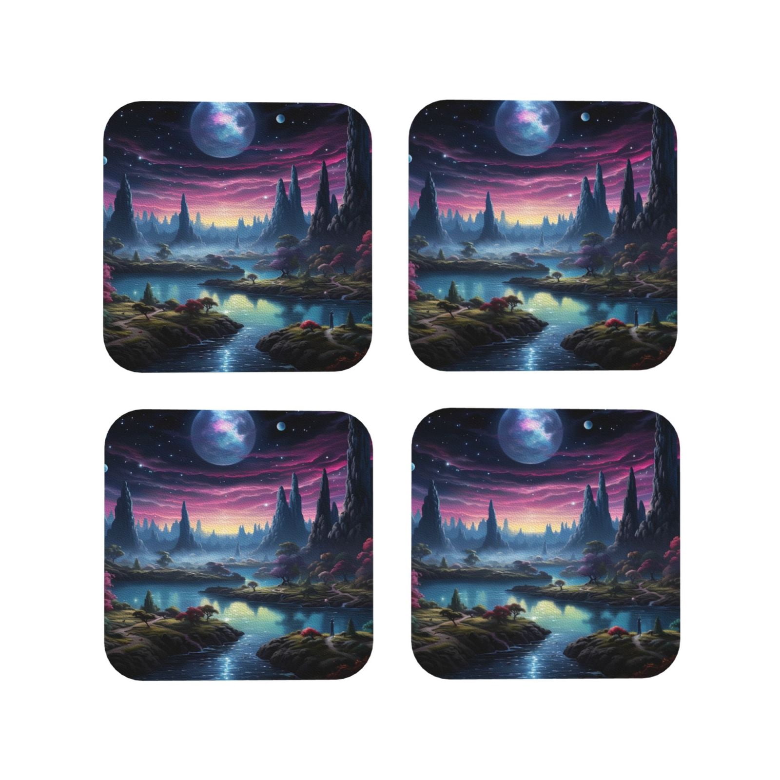 Kdxio Fantasy Landscape Starry Night Funny Coasters,4 Pcs Leather ...