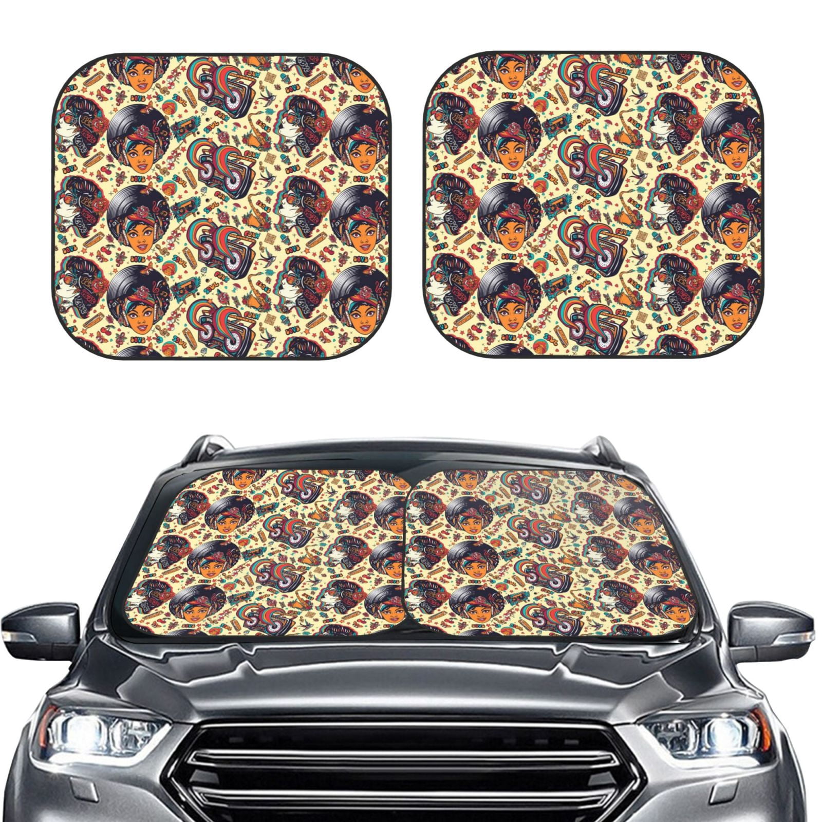 Kdxio Fashion Hippie Girl Print 2-Piece Sun Shade Front Windshield ...