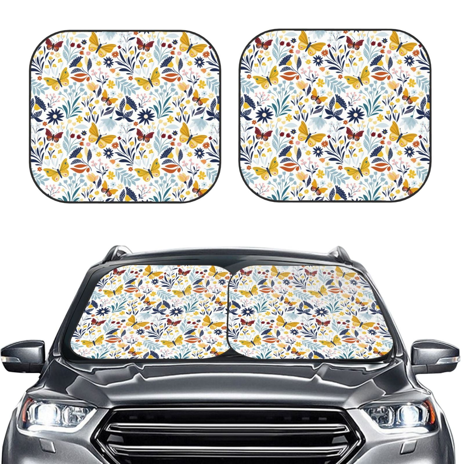 Kdxio Flowers Butterfly Print 2-Piece Sun Shade Front Windshield ...