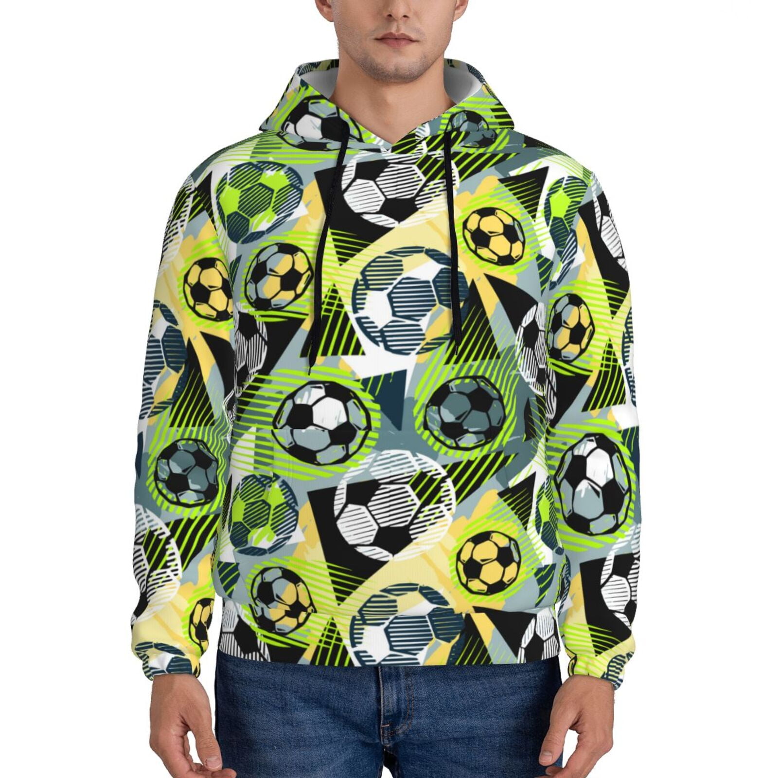 Kdxio Football Doodle Print Mens Casual Hooded Collar Drawstring ...