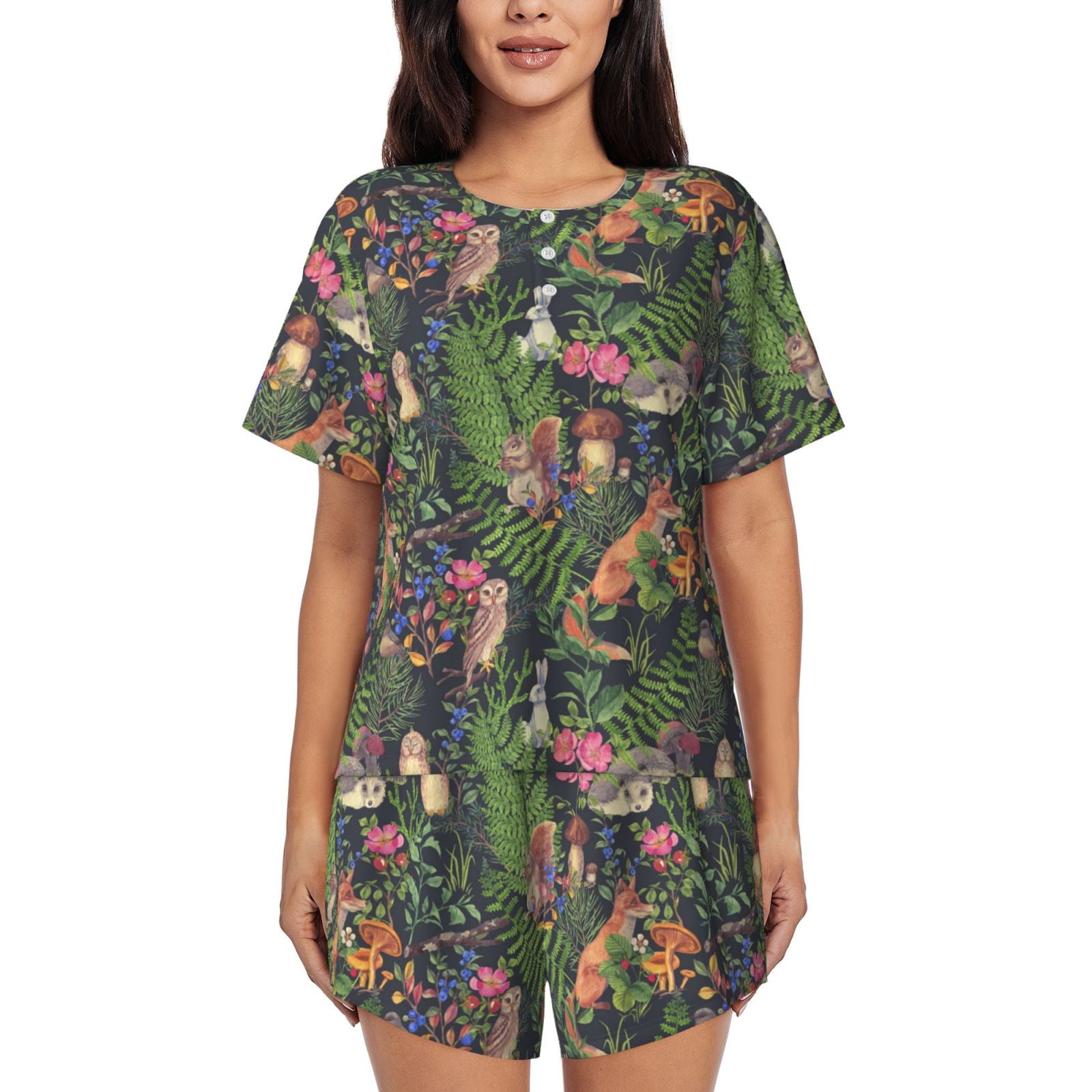 Kdxio Forest Animals And Plants Print Pajamas Sets for Women Short ...