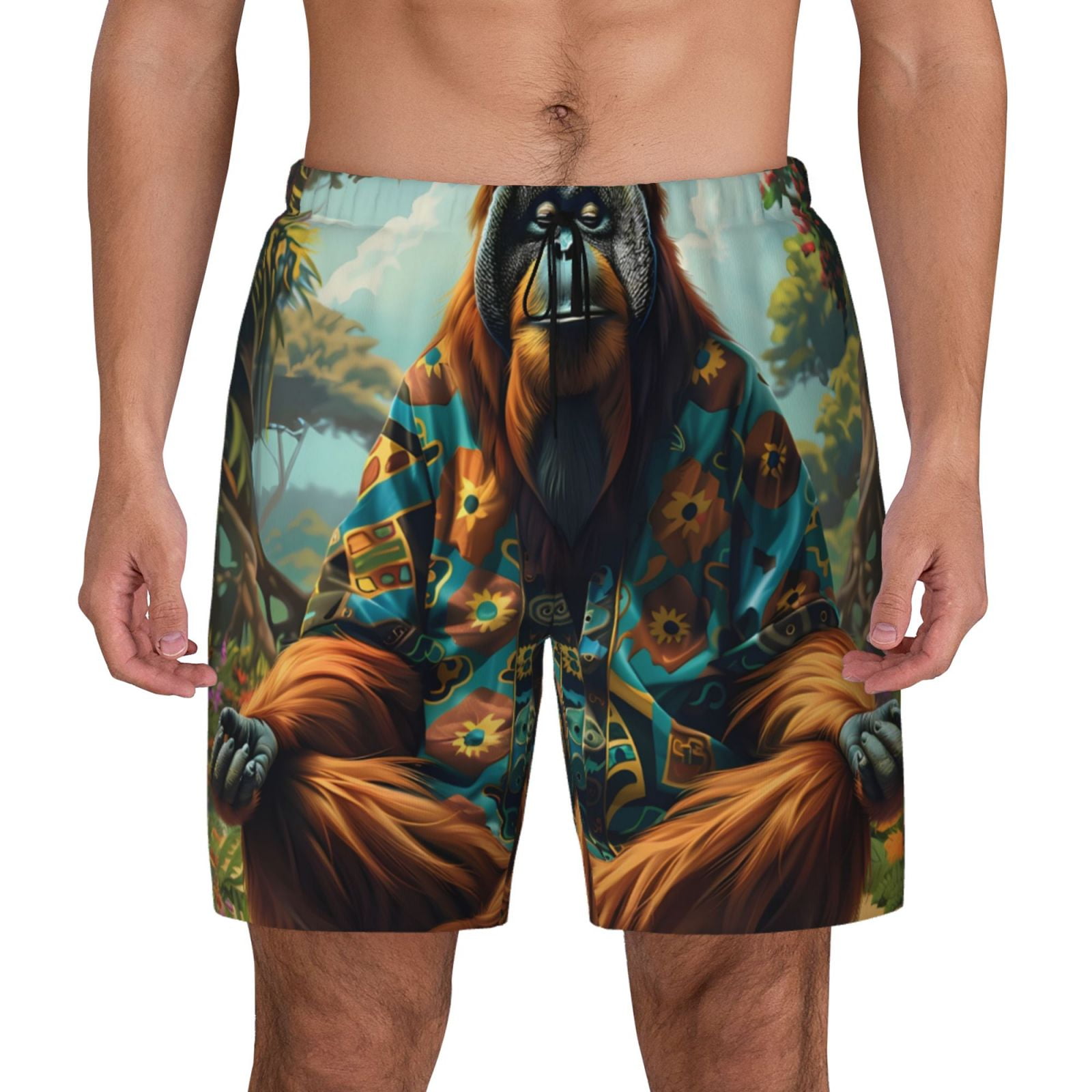 Kdxio Forest Meditating Gorilla Print Men's Swim Trunks with ...