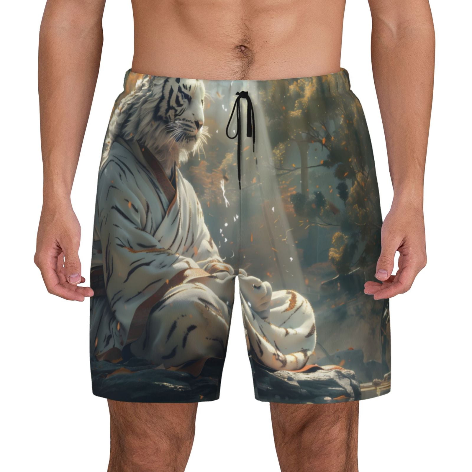 Kdxio Forest Meditating White Tiger Print Men's Swim Trunks with ...