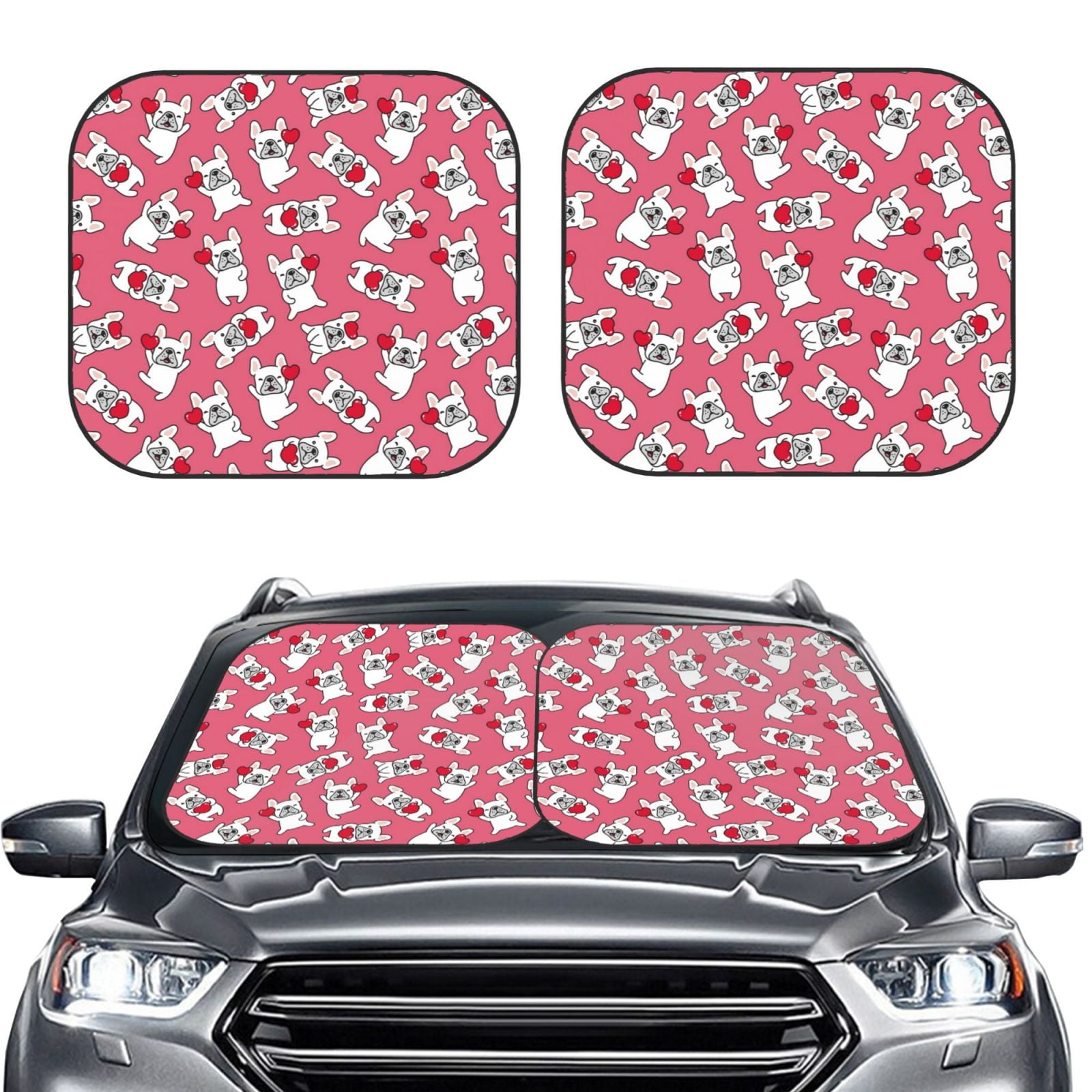 Kdxio French Bulldog And Heart Print 2-Piece Sun Shade Front Windshield ...