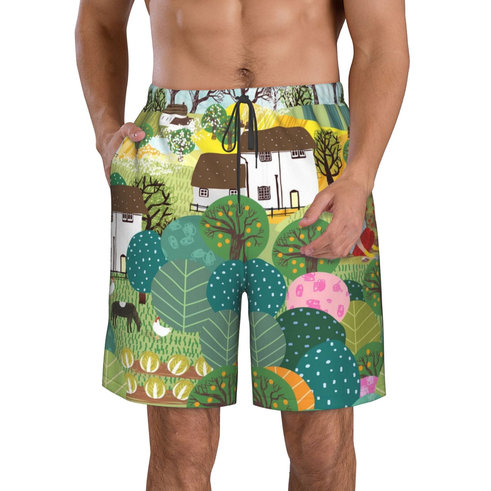 Kdxio Garden Farm Pattern Mens Casual Shorts - Drawstring Summer Beach ...