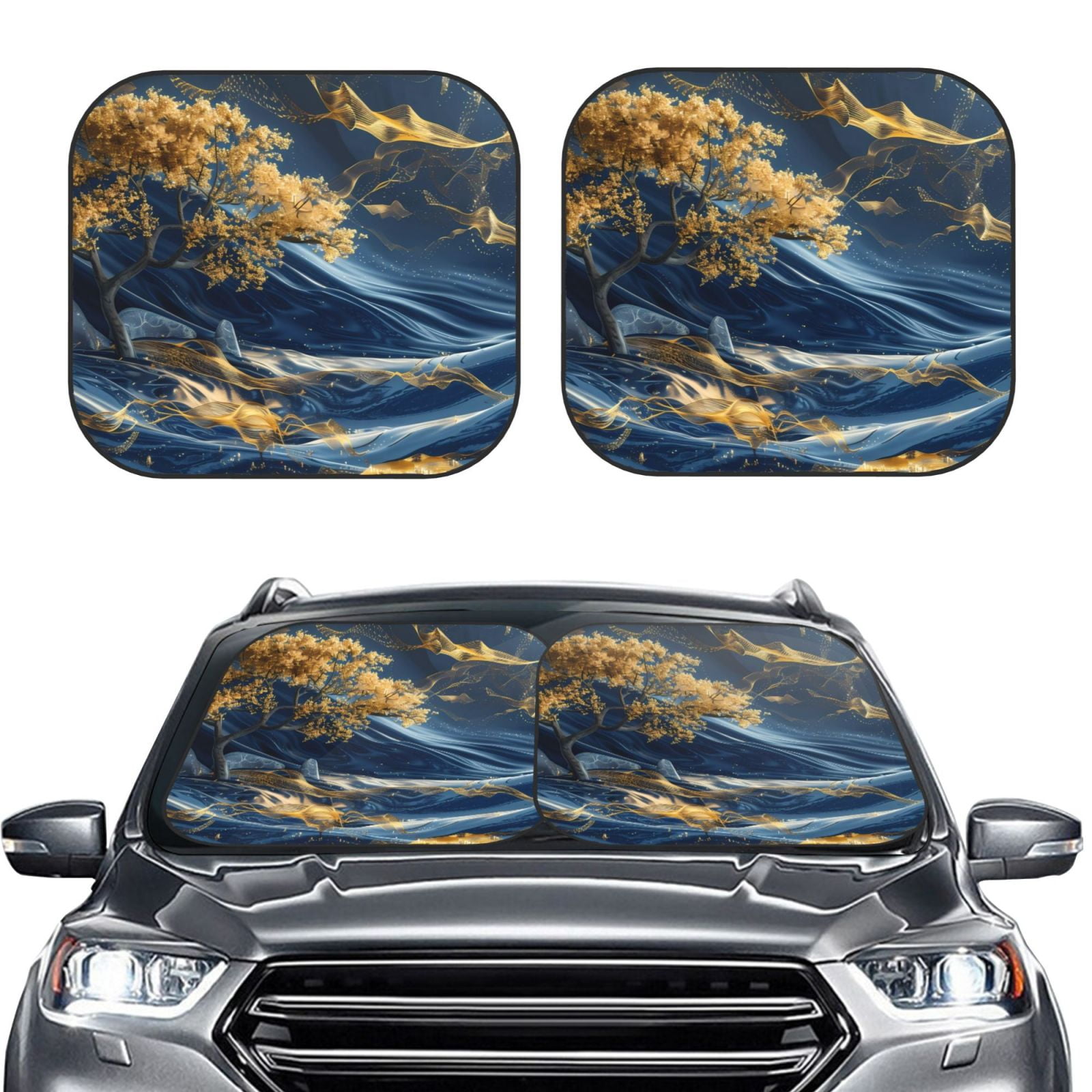 Kdxio Golden Fantasy Landscape Print 2-Piece Sun Shade Front Windshield ...