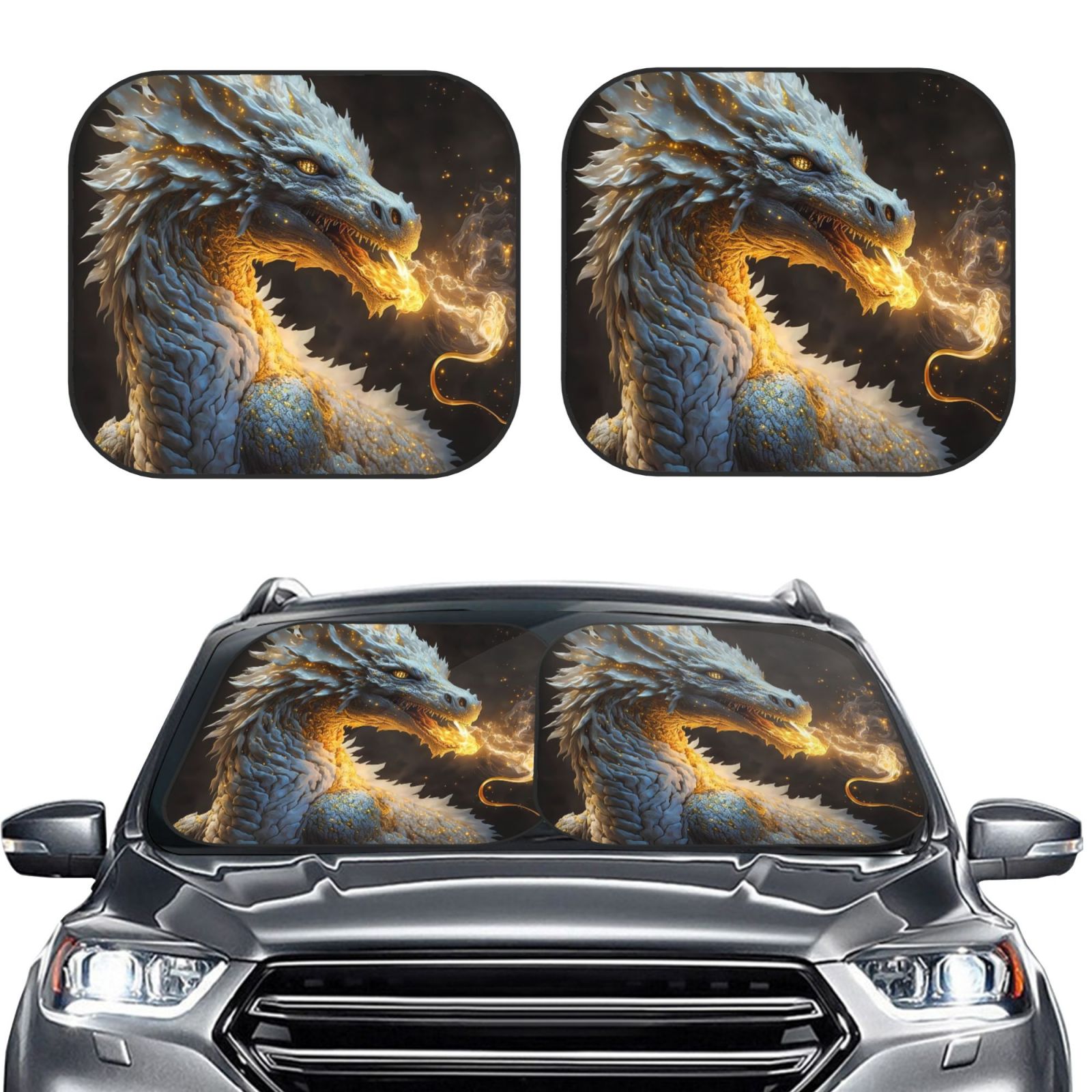 Kdxio Golden White Fire Dragon Print 2-Piece Sun Shade Front Windshield ...