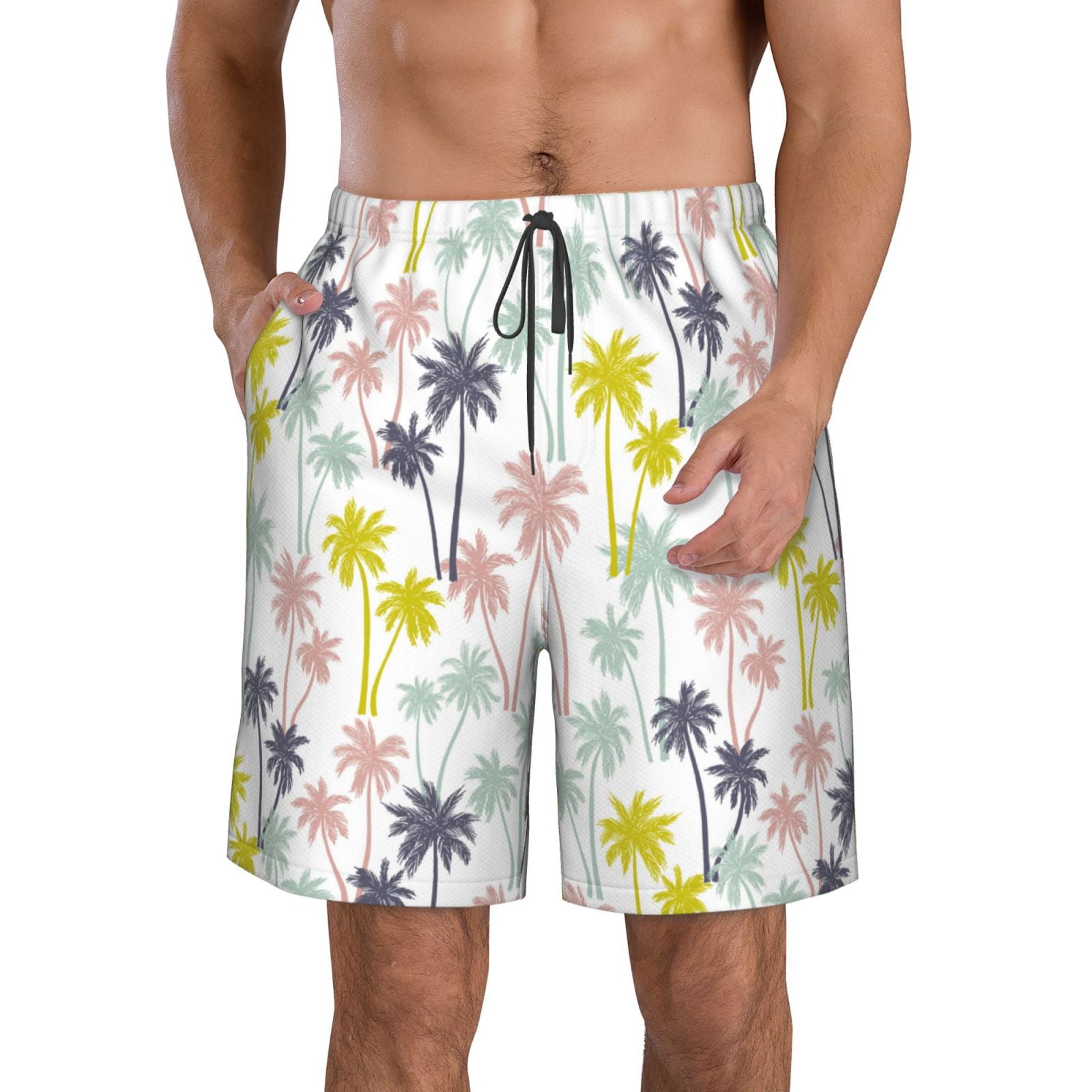 Kdxio Hawaiian Coconut Tree Pattern Mens Casual Shorts - Drawstring ...