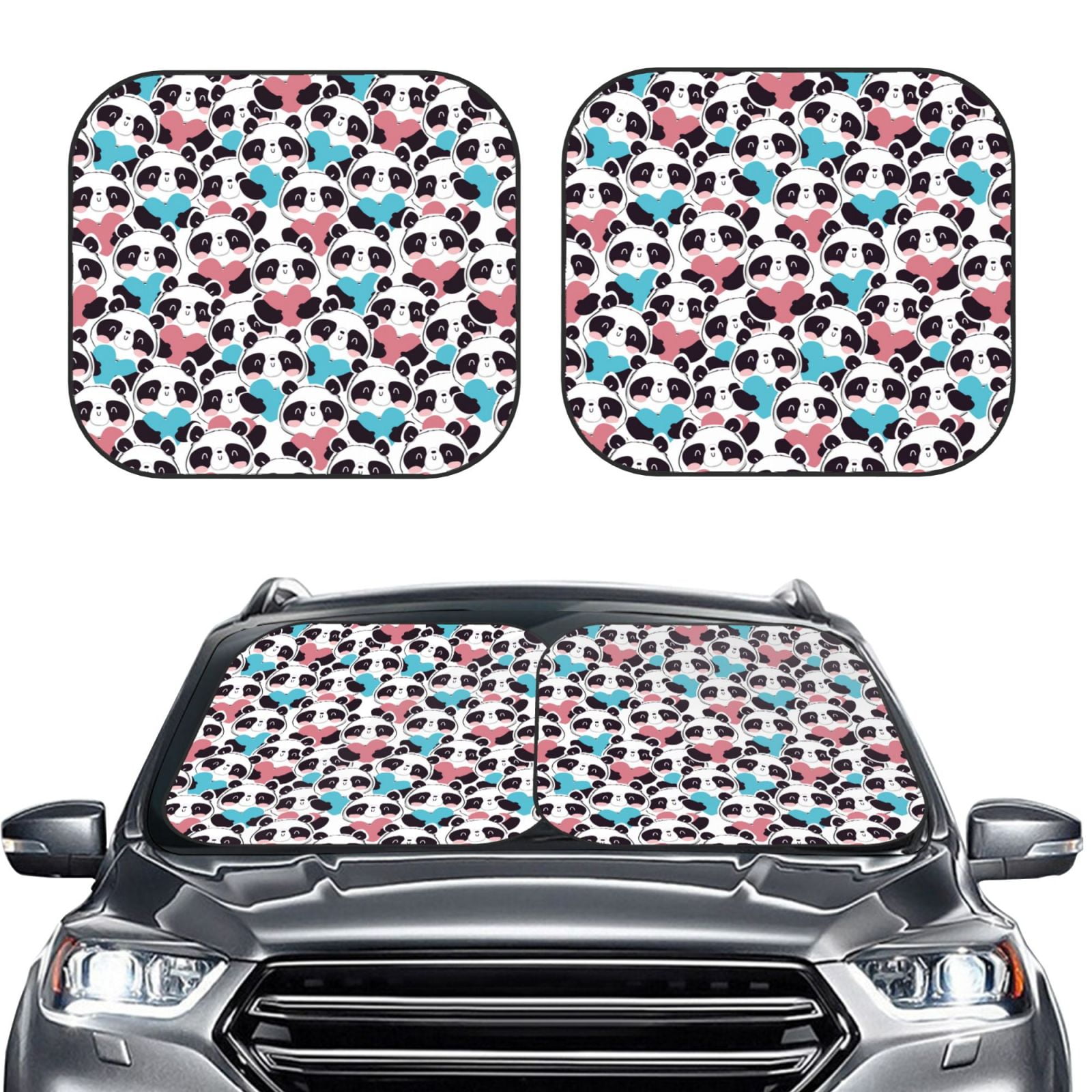 Kdxio Heart Panda Print 2-Piece Sun Shade Front Windshield - Foldable ...