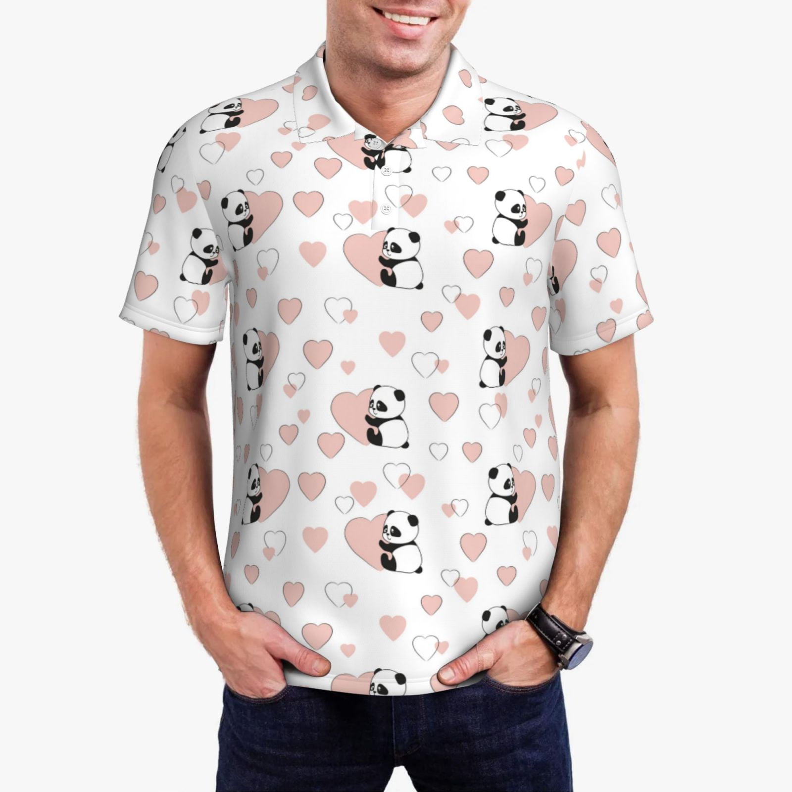 Kdxio Heart Panda Print Men's Short Sleeve Polo Shirt,Midweight Men's ...