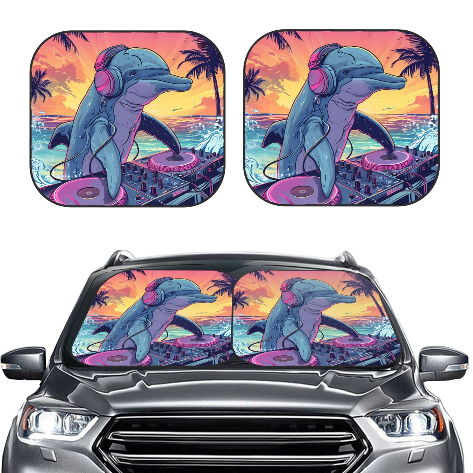 Kdxio Hip-Hop DJ Dolphin Print 2-Piece Sun Shade Front Windshield ...