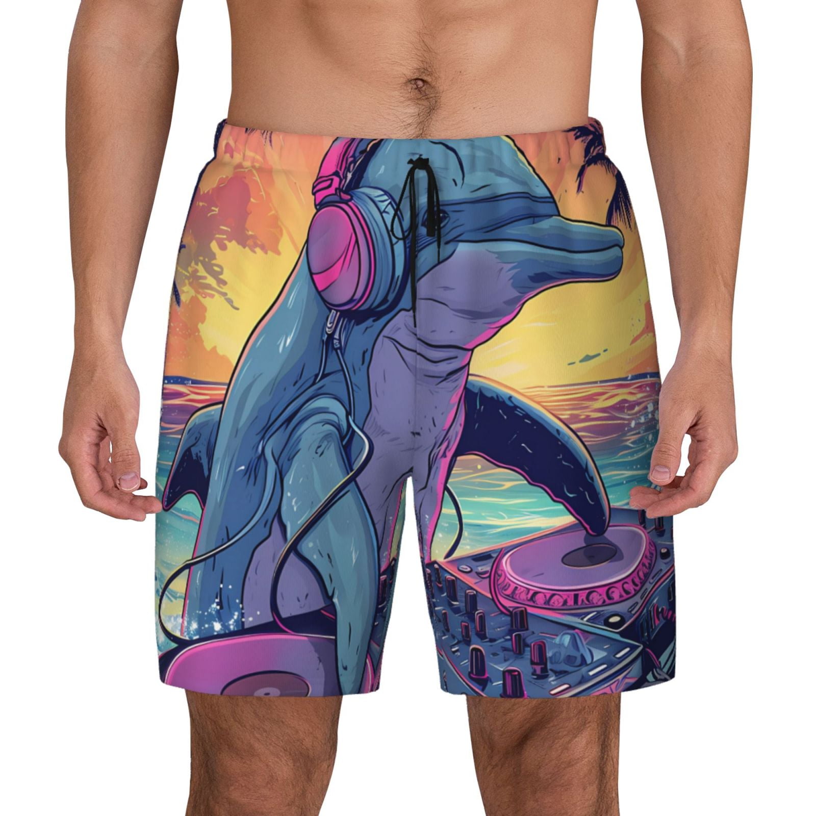 Kdxio Hip-Hop DJ Dolphin Print Men's Swim Trunks with Compression Liner ...