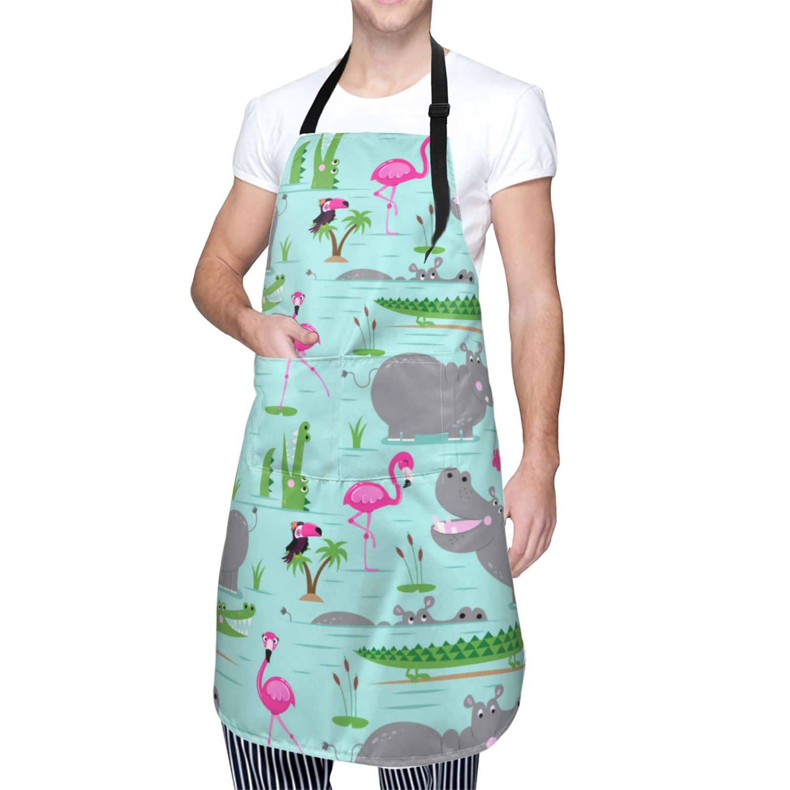 Kdxio Hippo With Flamingos And Crocodiles Apron with Pockets Adjustable ...