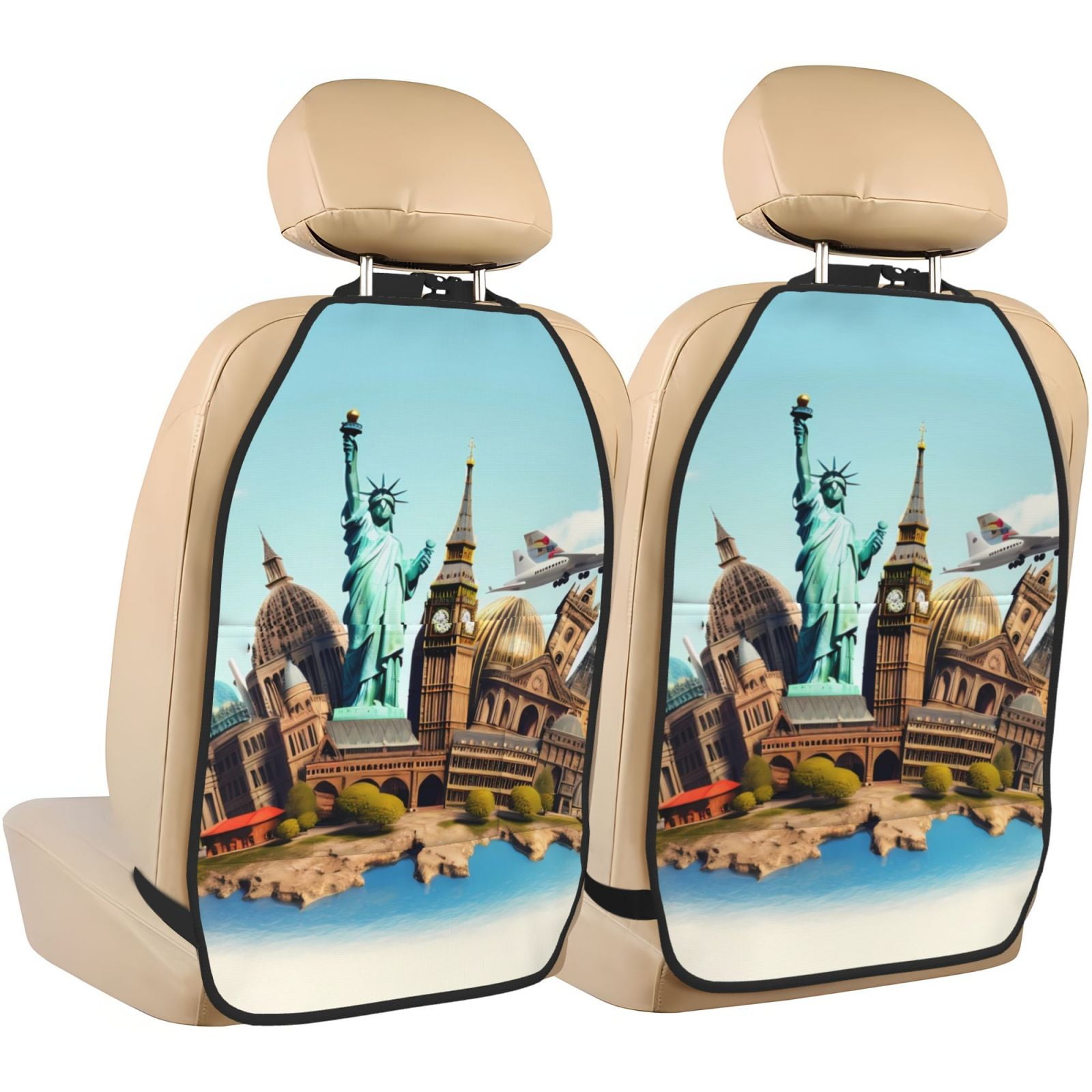 Kdxio Iconic Global Landmarks Print 2 Pack Car Kick Mat Seat Cover Back ...