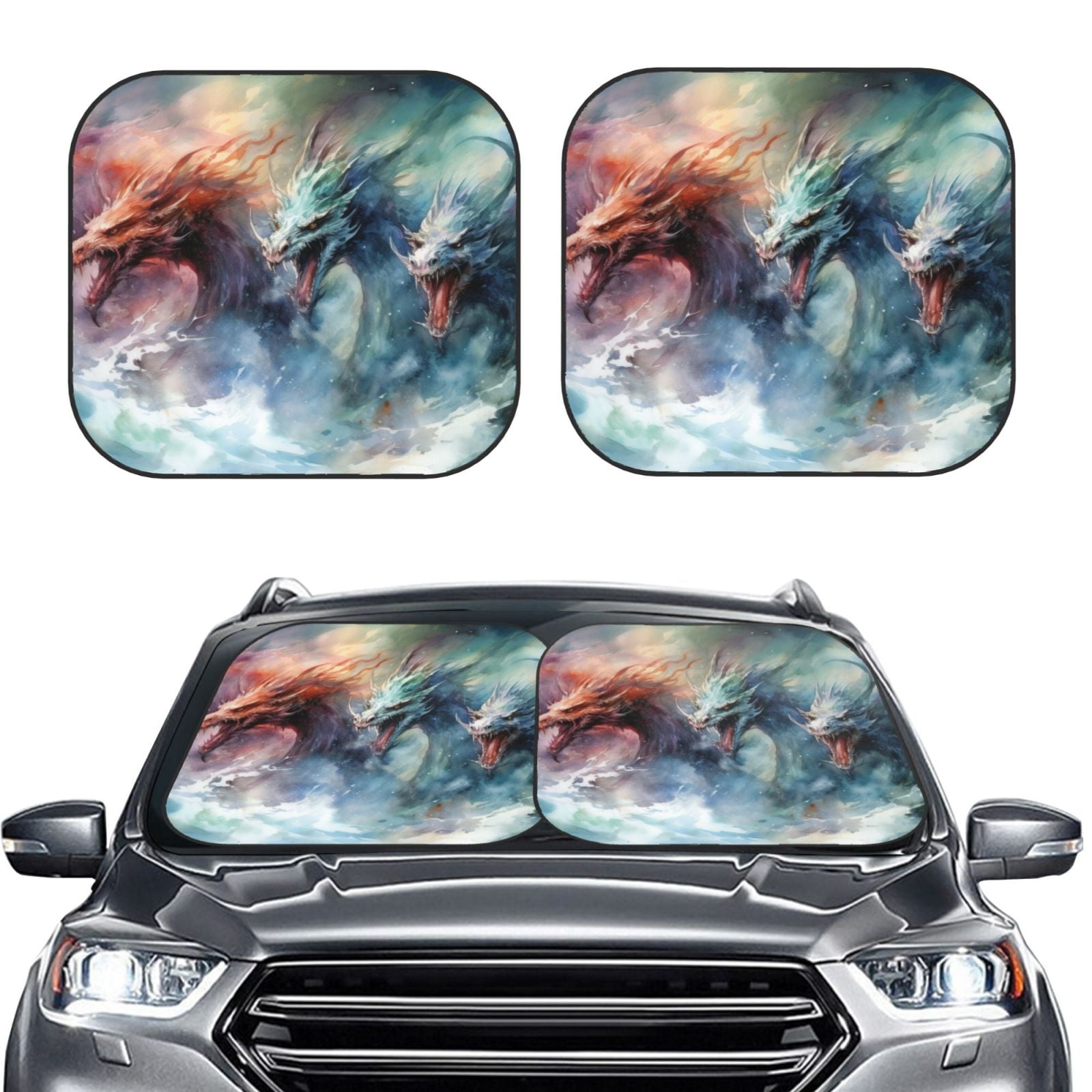 Kdxio Ink Style Wave Dragon Print 2-Piece Sun Shade Front Windshield ...